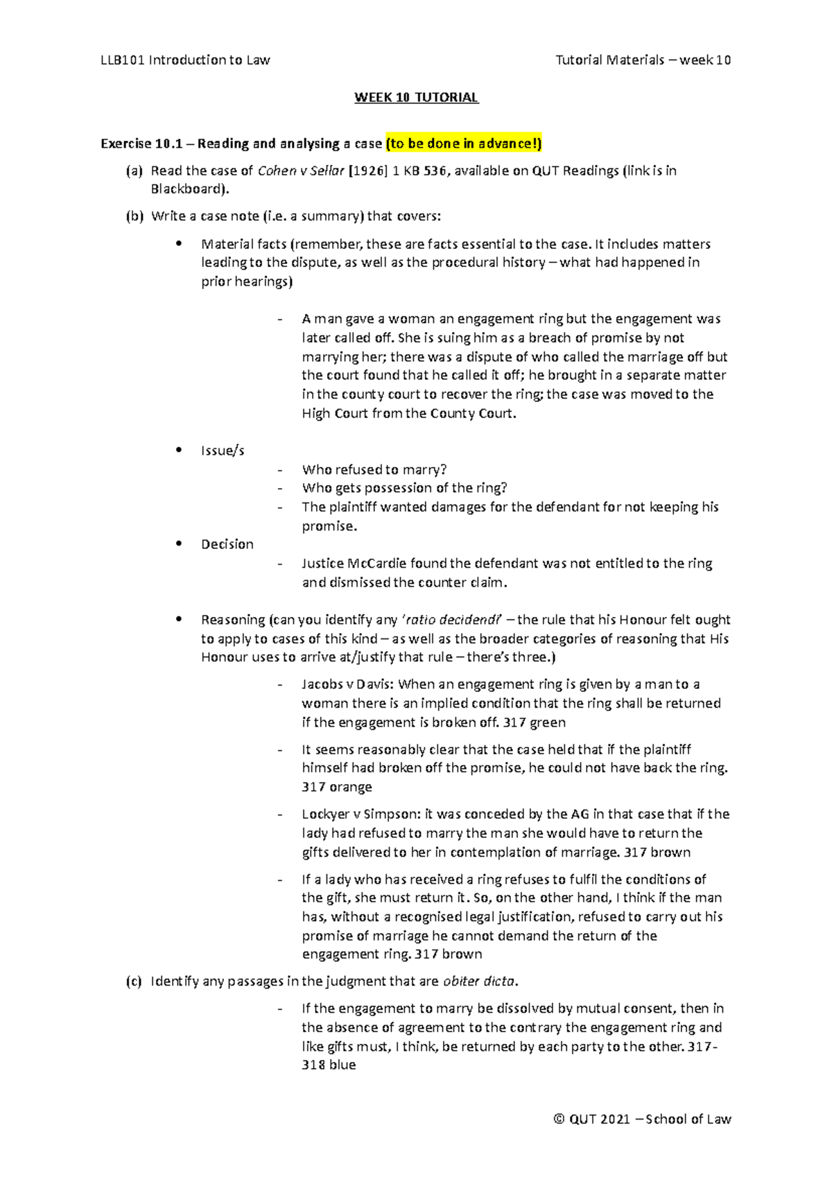 WEEK 10 Tutorial - 101 - LLB101 Introduction to Law Tutorial Materials – week 10 WEEK 10 ...