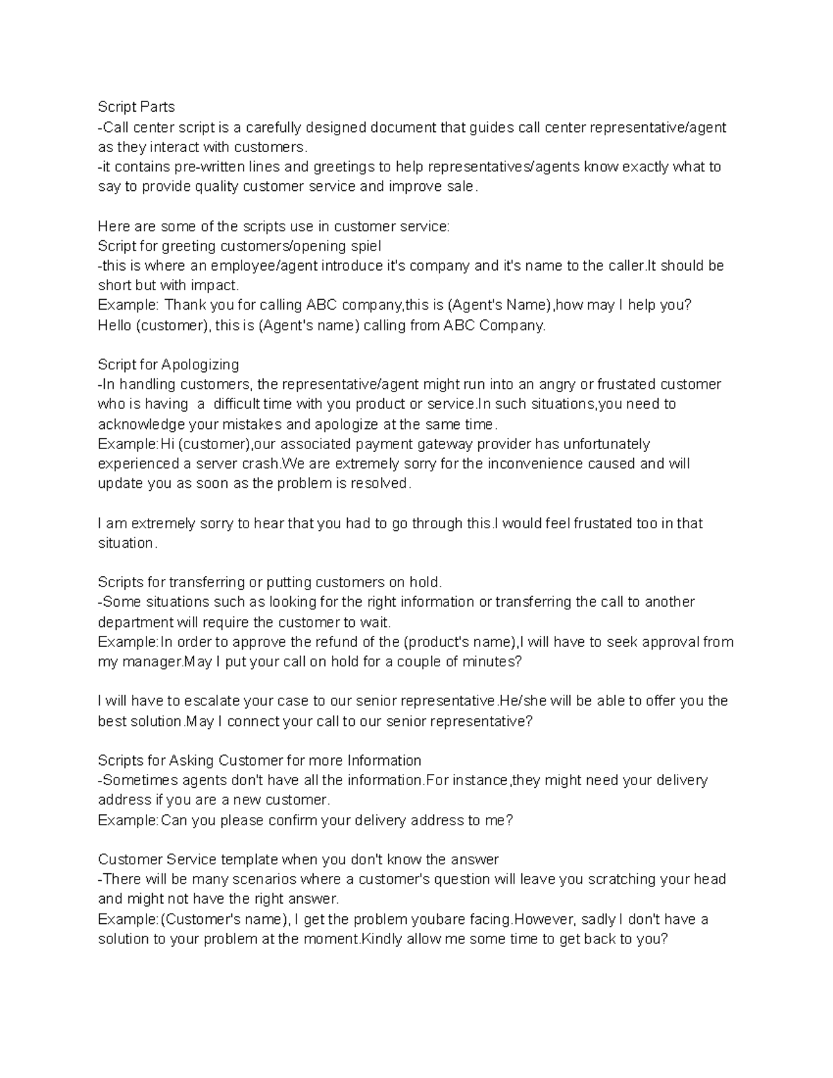 Script Parts - Assignment - Script Parts -Call center script is a ...