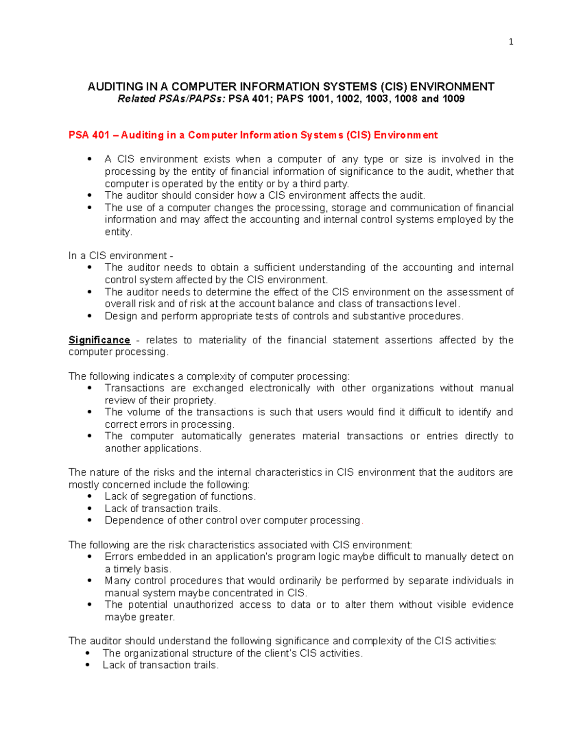 8 - Enjoy - AUDITING IN A COMPUTER INFORMATION SYSTEMS (CIS) ENVIRONMENT Related PSAs/PAPSs: PSA ...