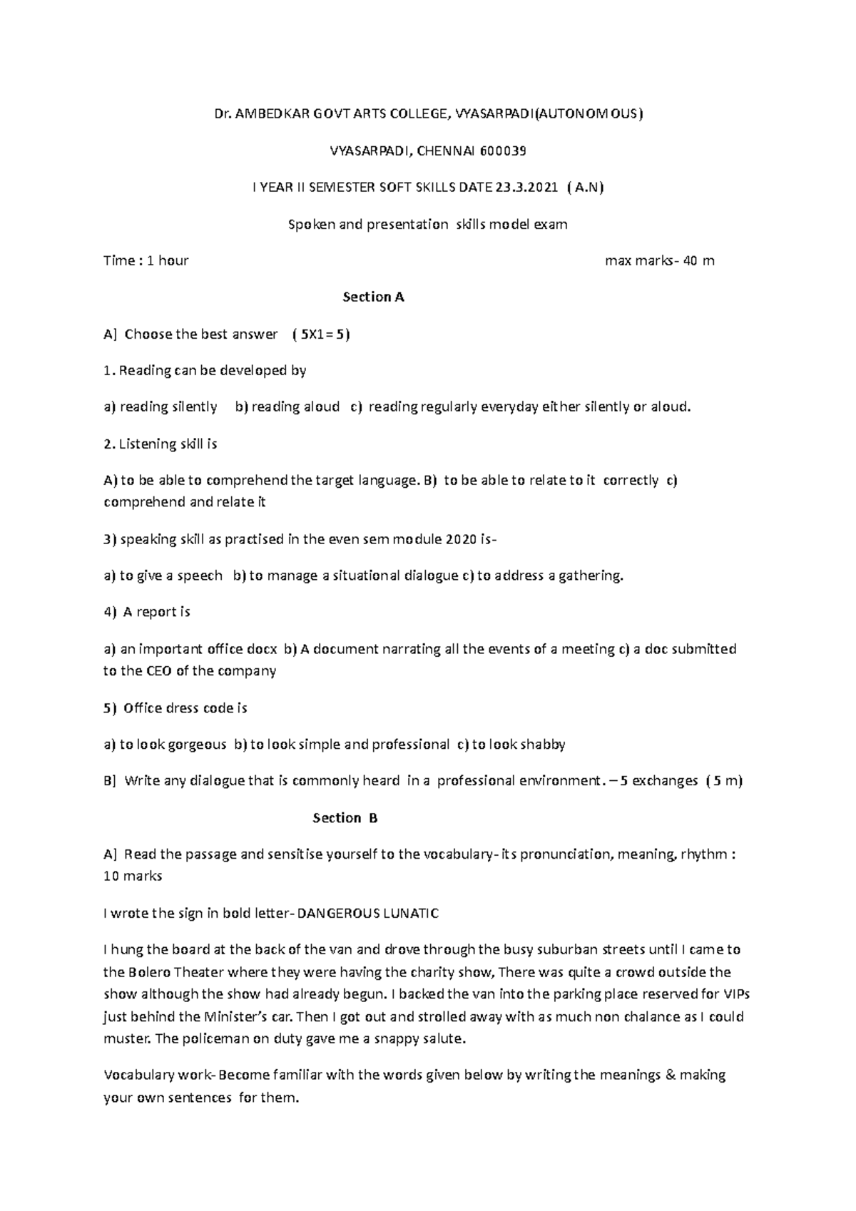 Model qp for even sem soft skills - Dr. AMBEDKAR GOVT ARTS COLLEGE ...