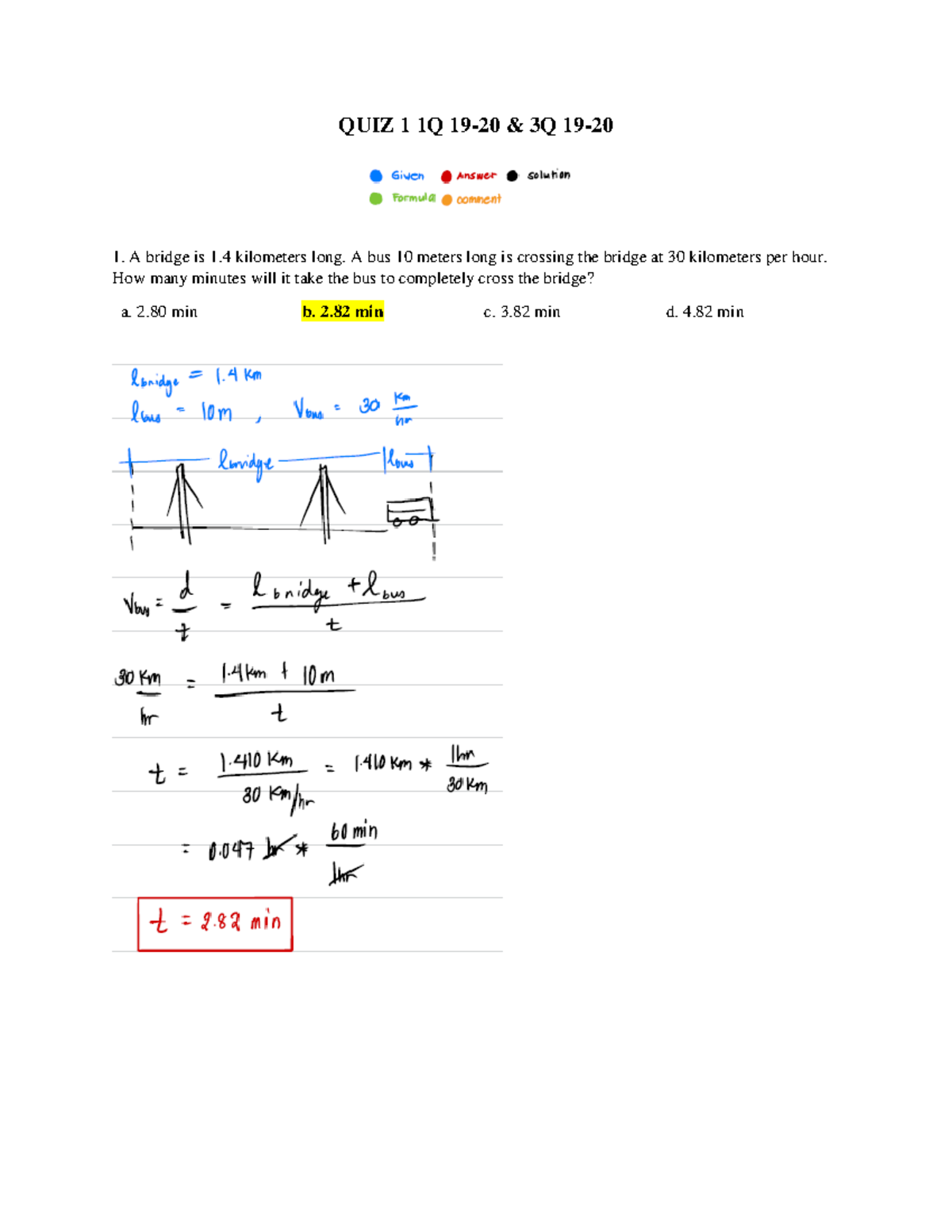 Pdfcoffee - Practice Exam - QUIZ 1 1Q 19-20 & 3Q 19- A bridge is 1 kilometers long. A bus 10 ...