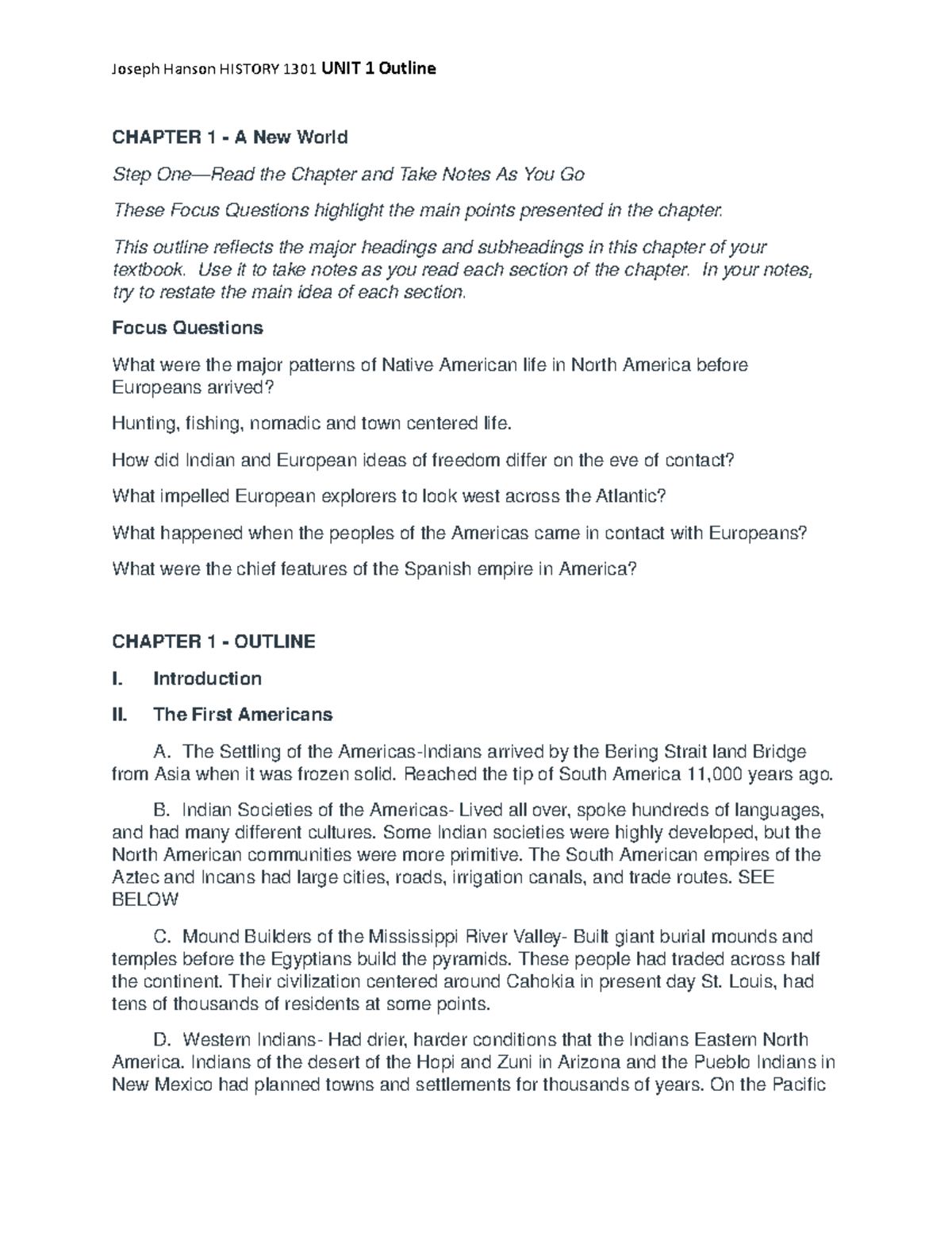 UNIT 1 History - Karen D - CHAPTER 1 - A New World Step One—Read the ...