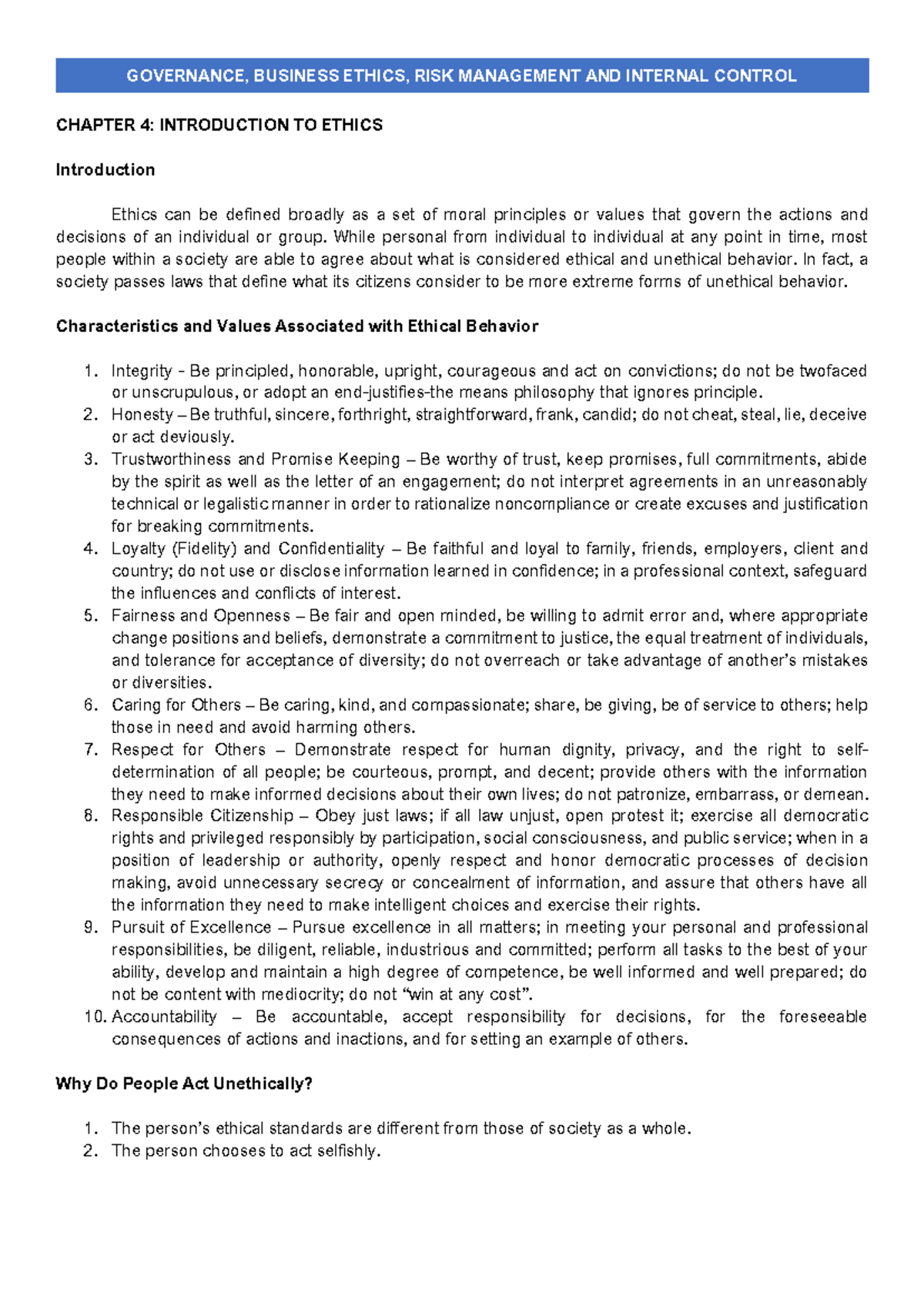 Chapter 4 - INTRODUCTION TO ETHICS - GOVERNANCE, BUSINESS ETHICS, RISK ...