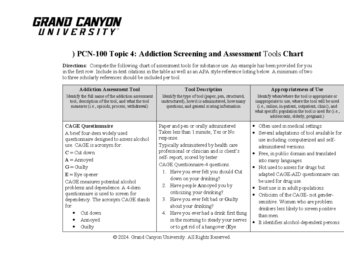 PCN-100-RS-T4Addiction Screening Assessment Tool Chart - ) PCN-100 Topic 4: Addiction Screening ...