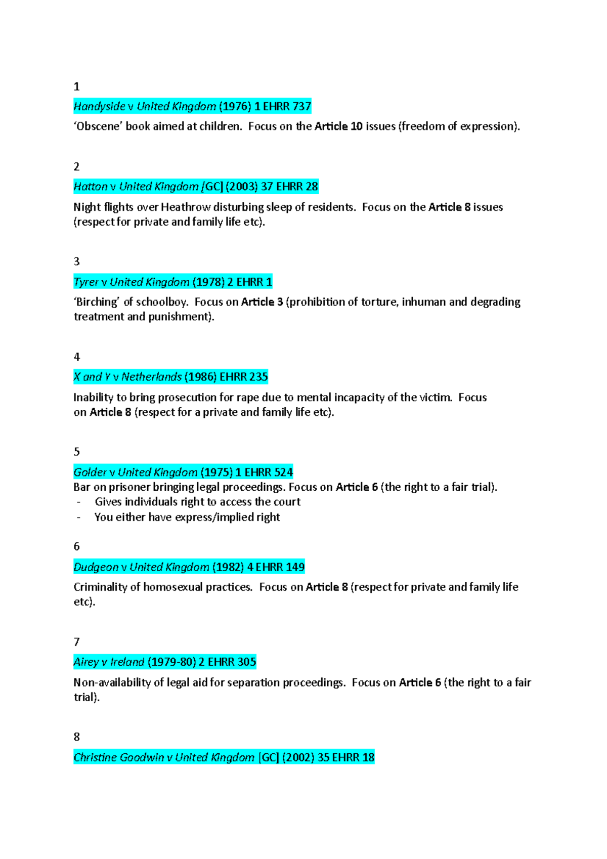 Key controversial cases - 1 Handyside v United Kingdom (1976) 1 EHRR ...