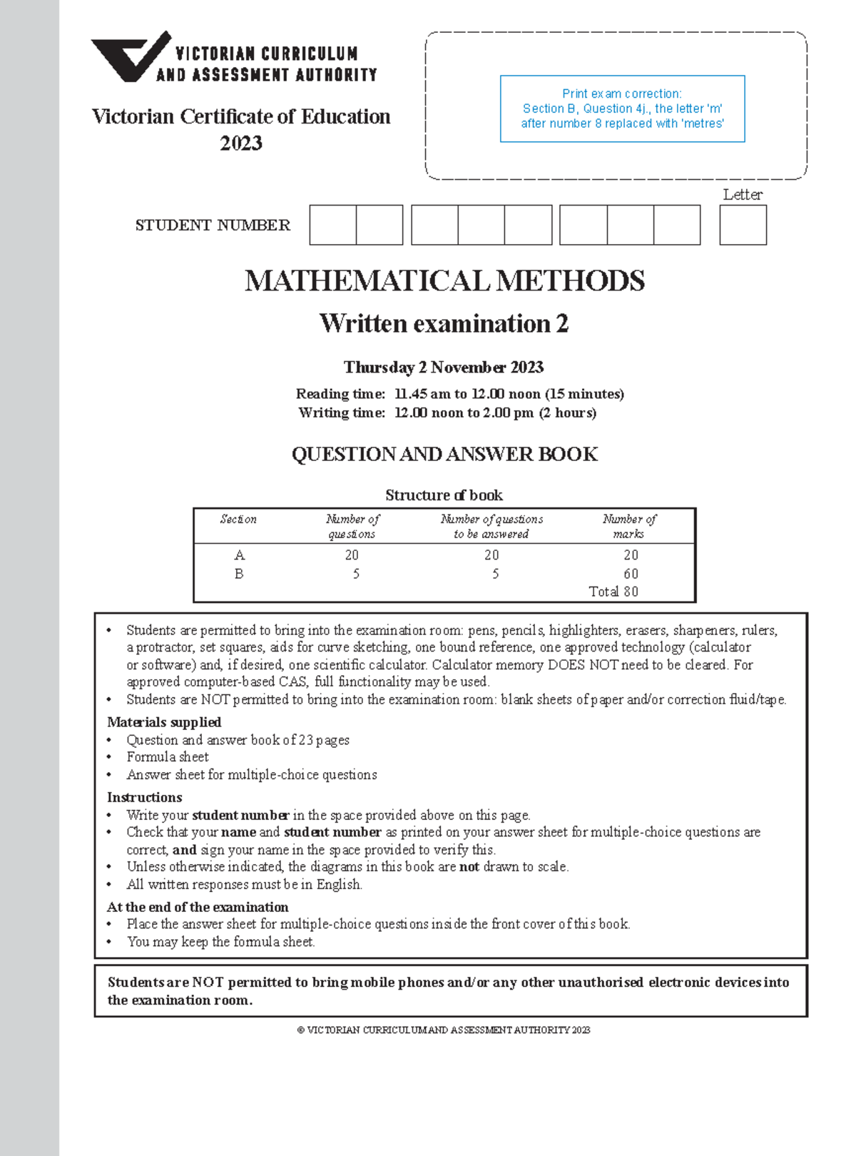 Exam page pg 1 - exam page front cover - MATHEMATICAL METHODS Written ...