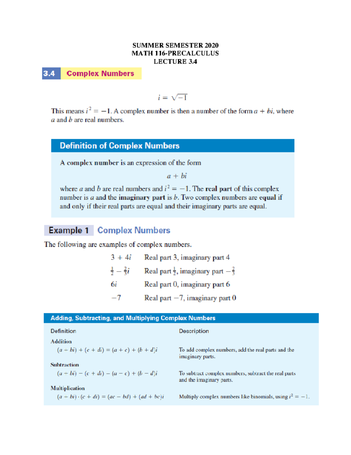 Lecture 3.4 Complex Numbers - Precalcuas - SUMMER SEMESTER 2020 MATH ...