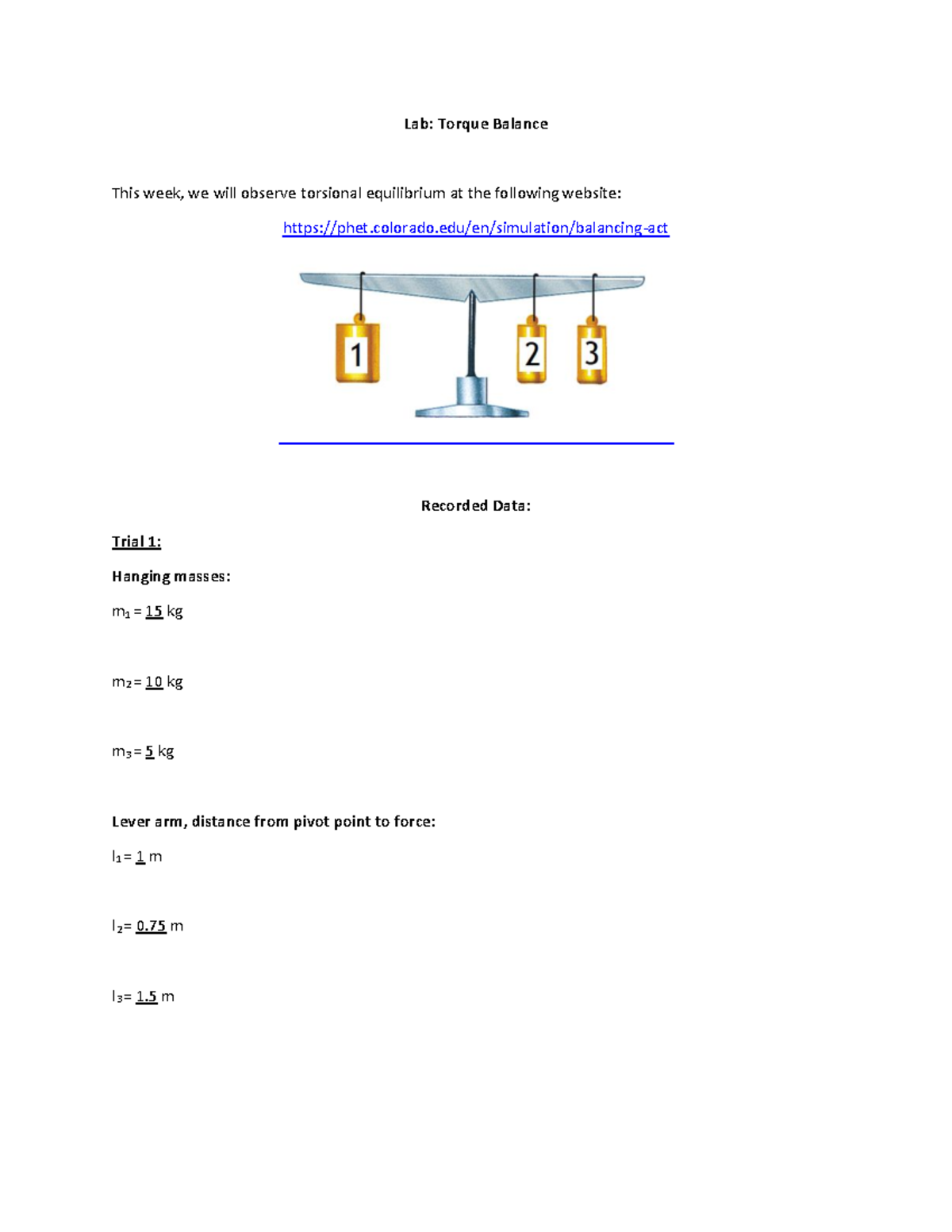 Torque Balance Lab - Essay - Lab: Torque Balance This week, we will ...