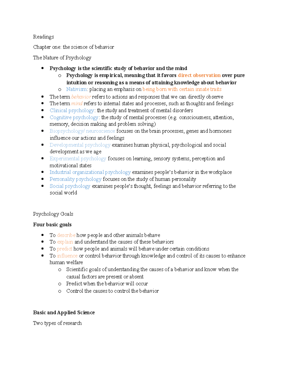 Psychology week one - Michael L Atkinson - Readings Chapter one: the ...