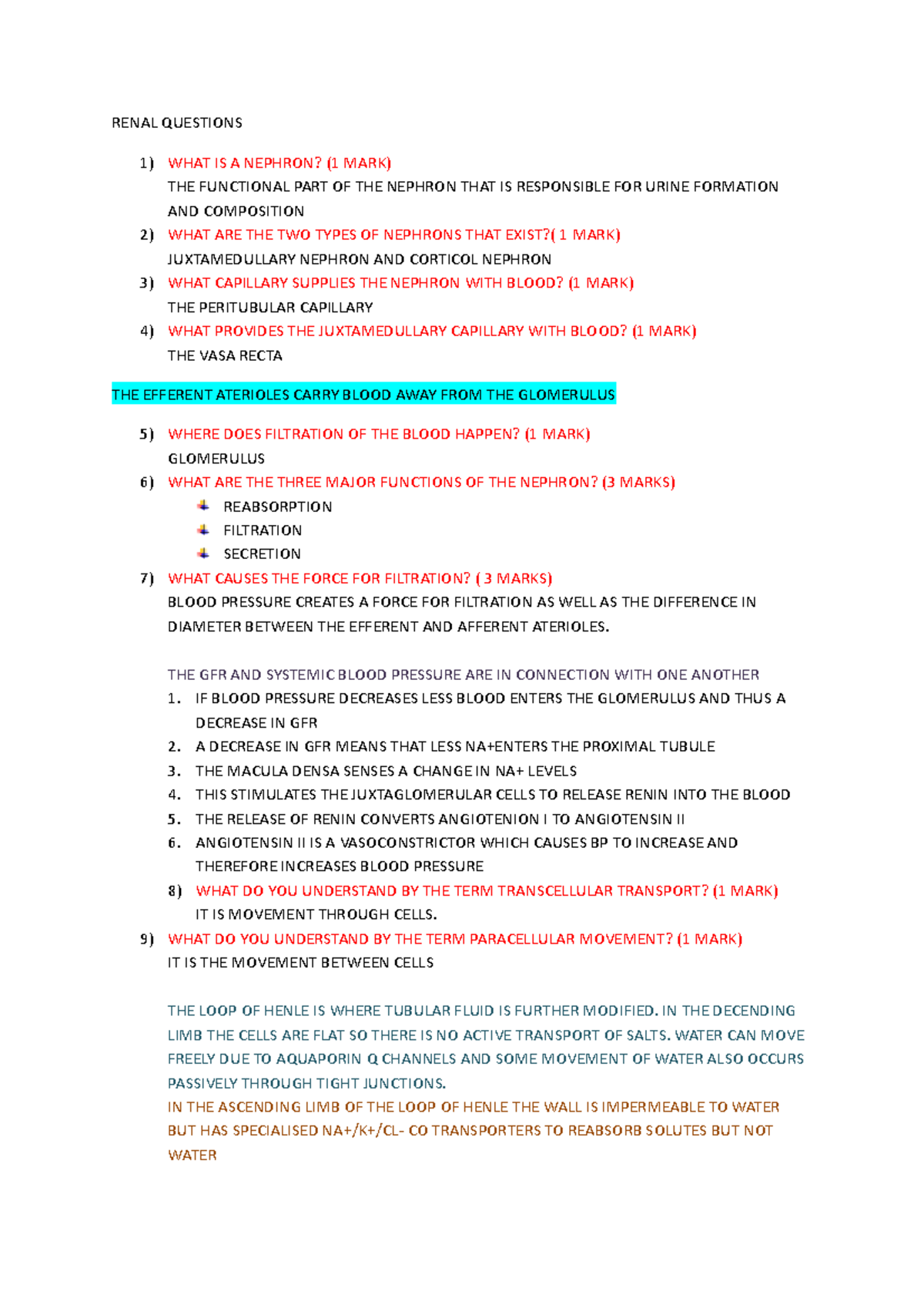 Renal Questions - RENAL QUESTIONS 1) WHAT IS A NEPHRON? (1 MARK) THE ...