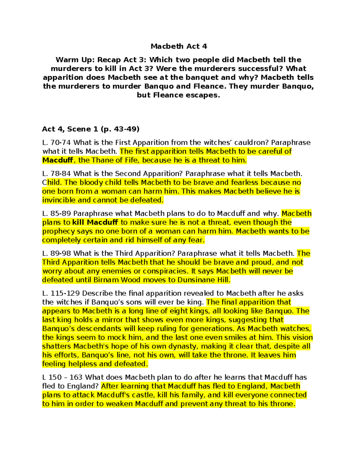 Copy of Macbeth Act 4 Guided Questions - Macbeth Act 4 Warm Up: Recap ...