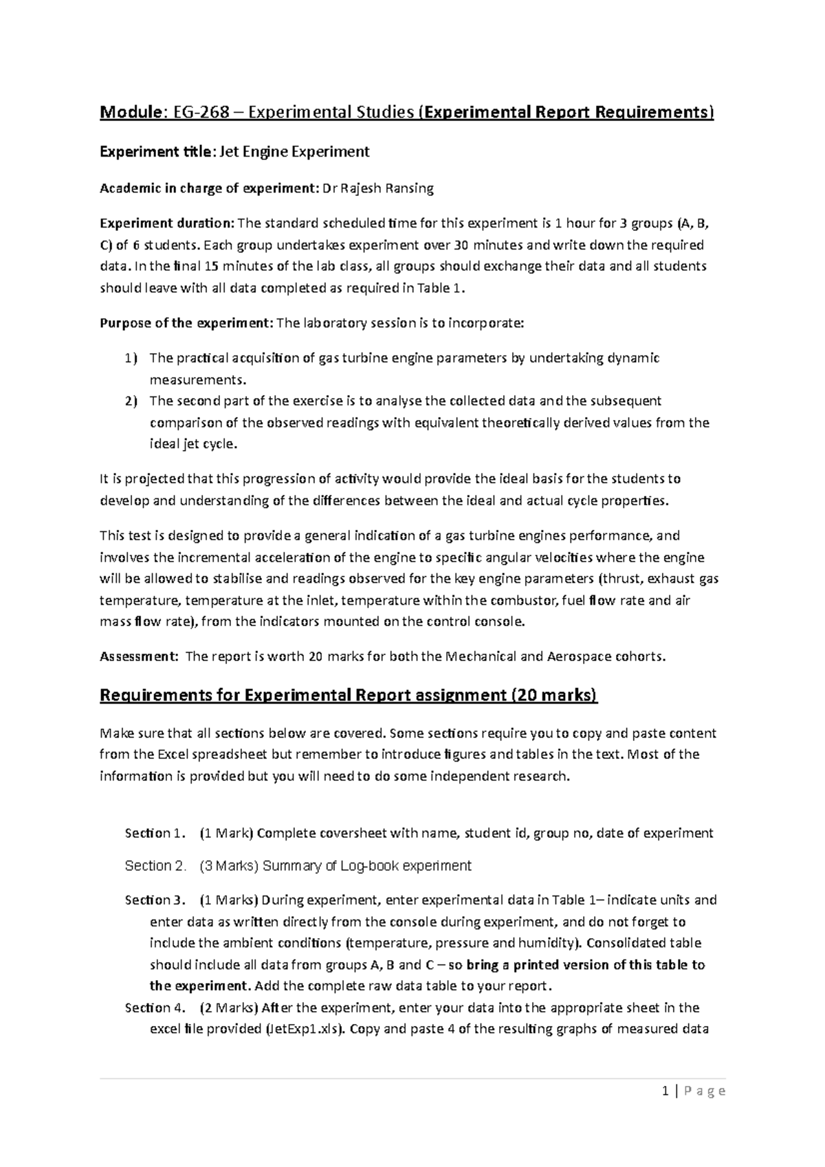 Doc1 - Experimental Report Jet Engine (V5-16-17) - Module: EG-268 – Experimental Studies - Studocu