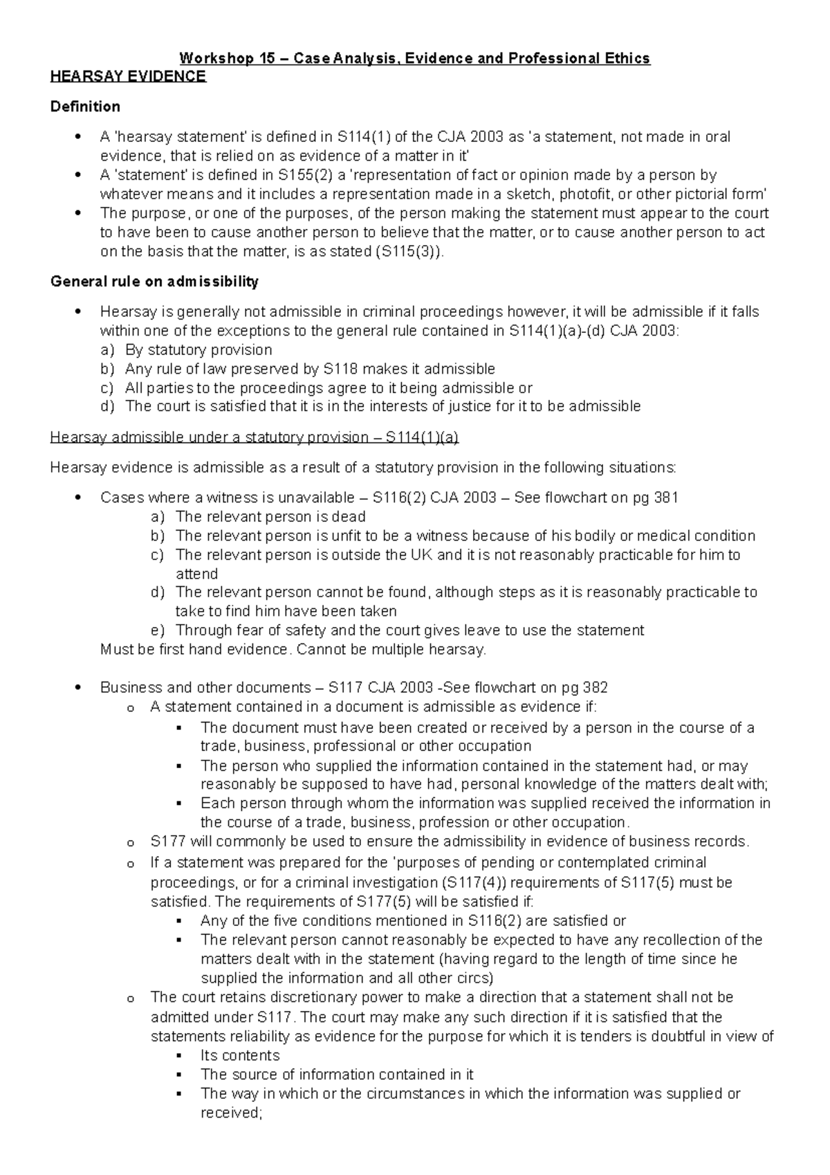 Workshop 15 - Case Analysis, Evidence and Professional Ethics - HEARSAY ...