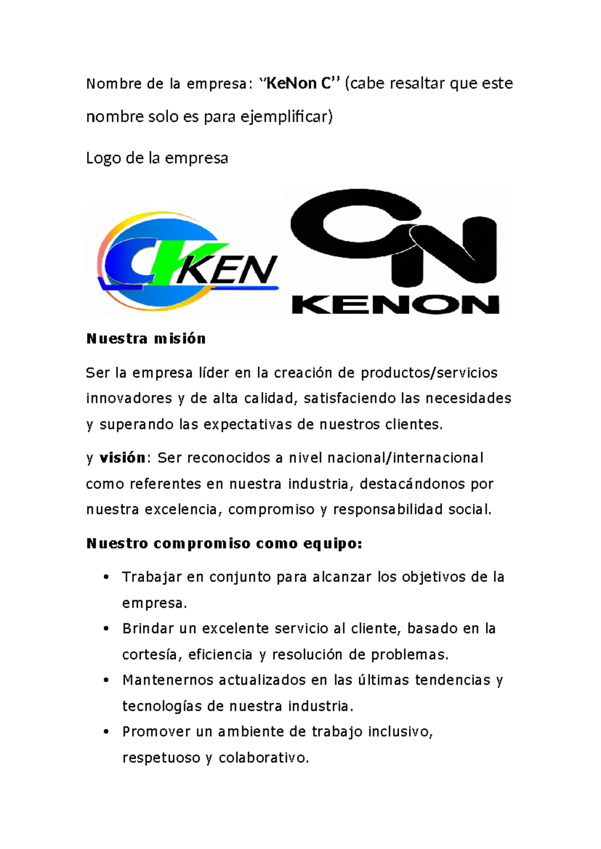Proyecto 2 - trabajo - Nombre de la empresa: ‘’KeNon C’’ (cabe resaltar que este nombre solo es ...