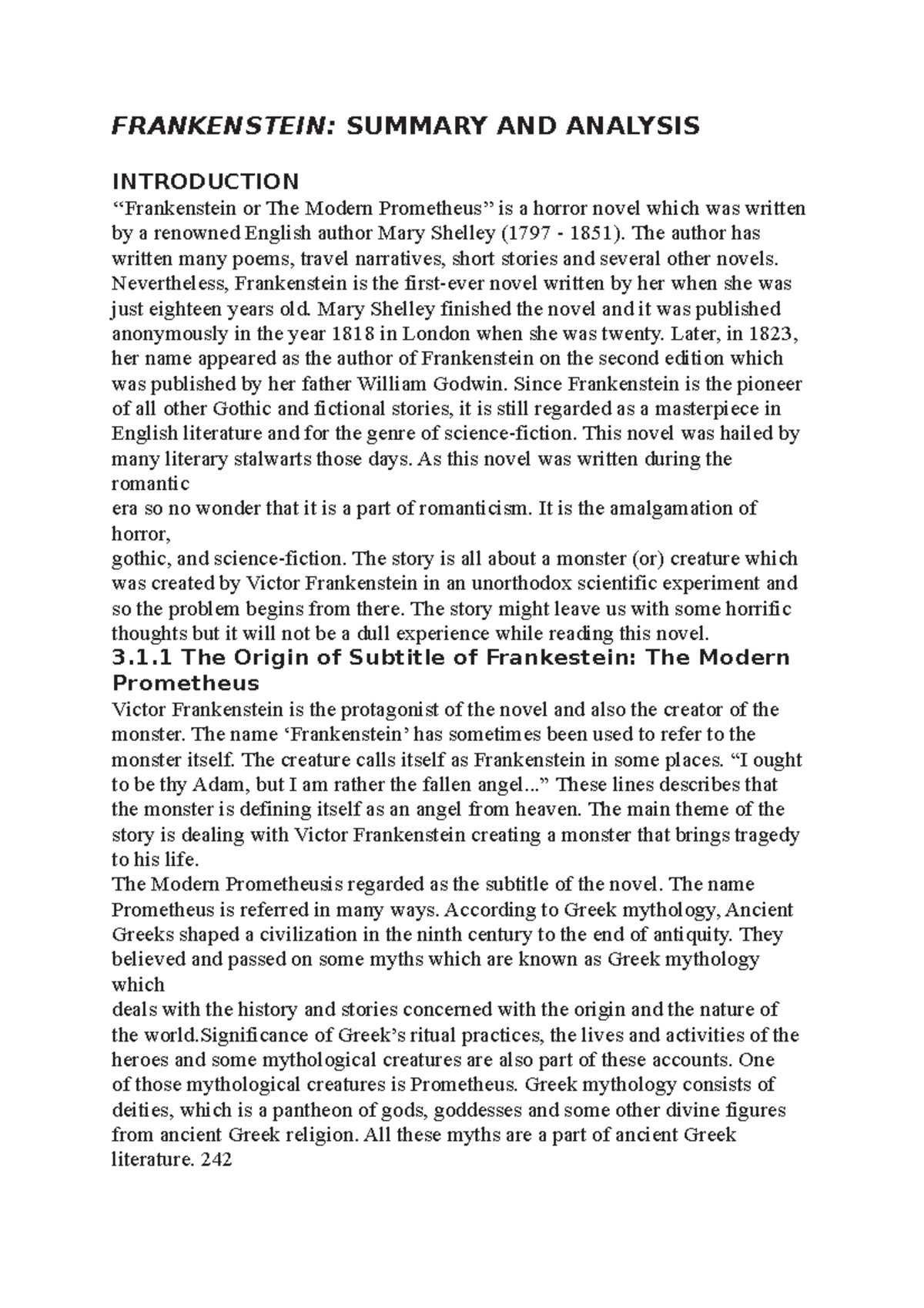 Frankenstein Summary - FRANKENSTEIN: SUMMARY AND ANALYSIS INTRODUCTION ...