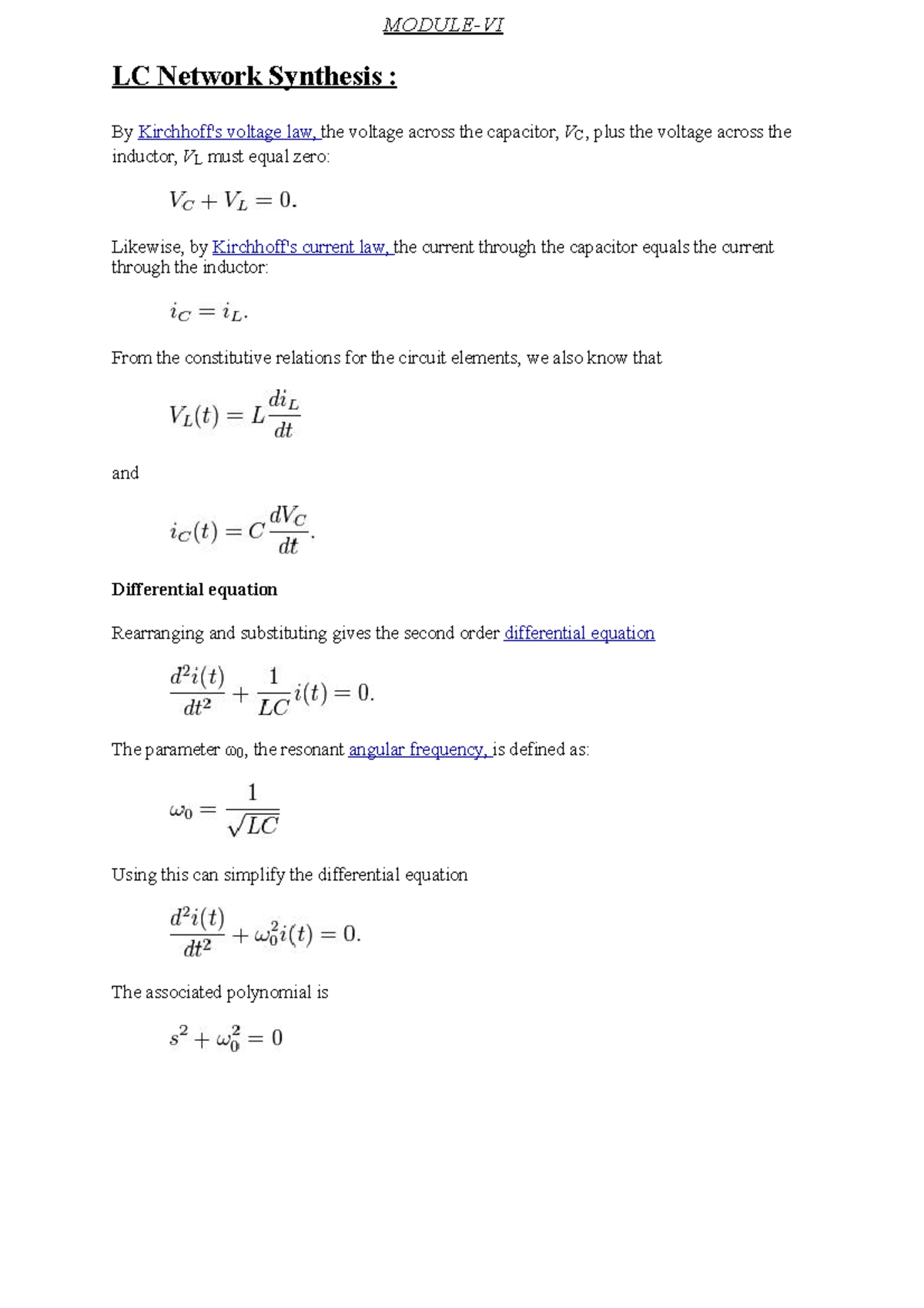 Module VI LC Network Synthesis - MODULE-VI LC Network Synthesis : By Kirchhoff's voltage law ...