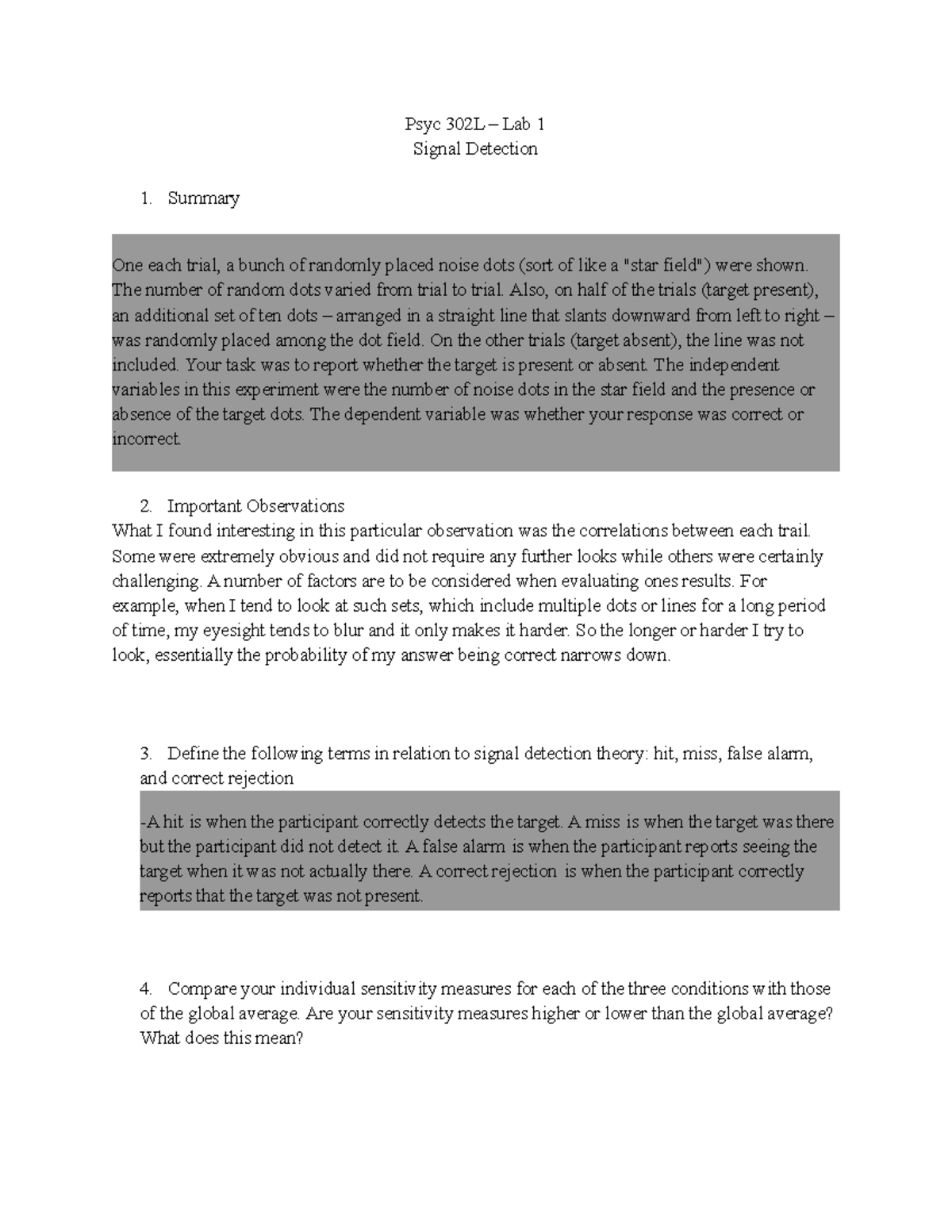 Cog lab 1L – Lab 1 - notes - Psyc 302L – Lab 1 Signal Detection Summary ...