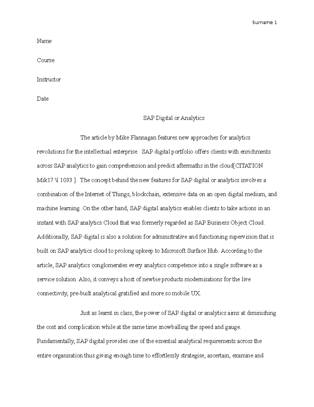 Essay - SAP digital or Analytics - Surname 1 Name Course Instructor ...
