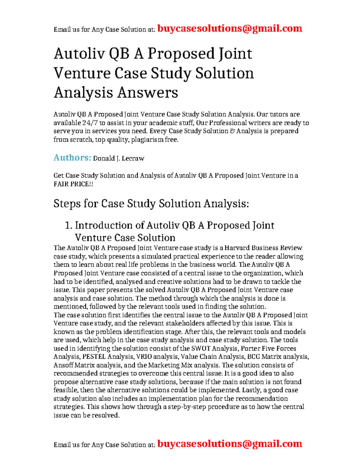 Case Solution Autoliv QB A Proposed Joint Venture - Autoliv QB A Proposed Joint Venture Case ...