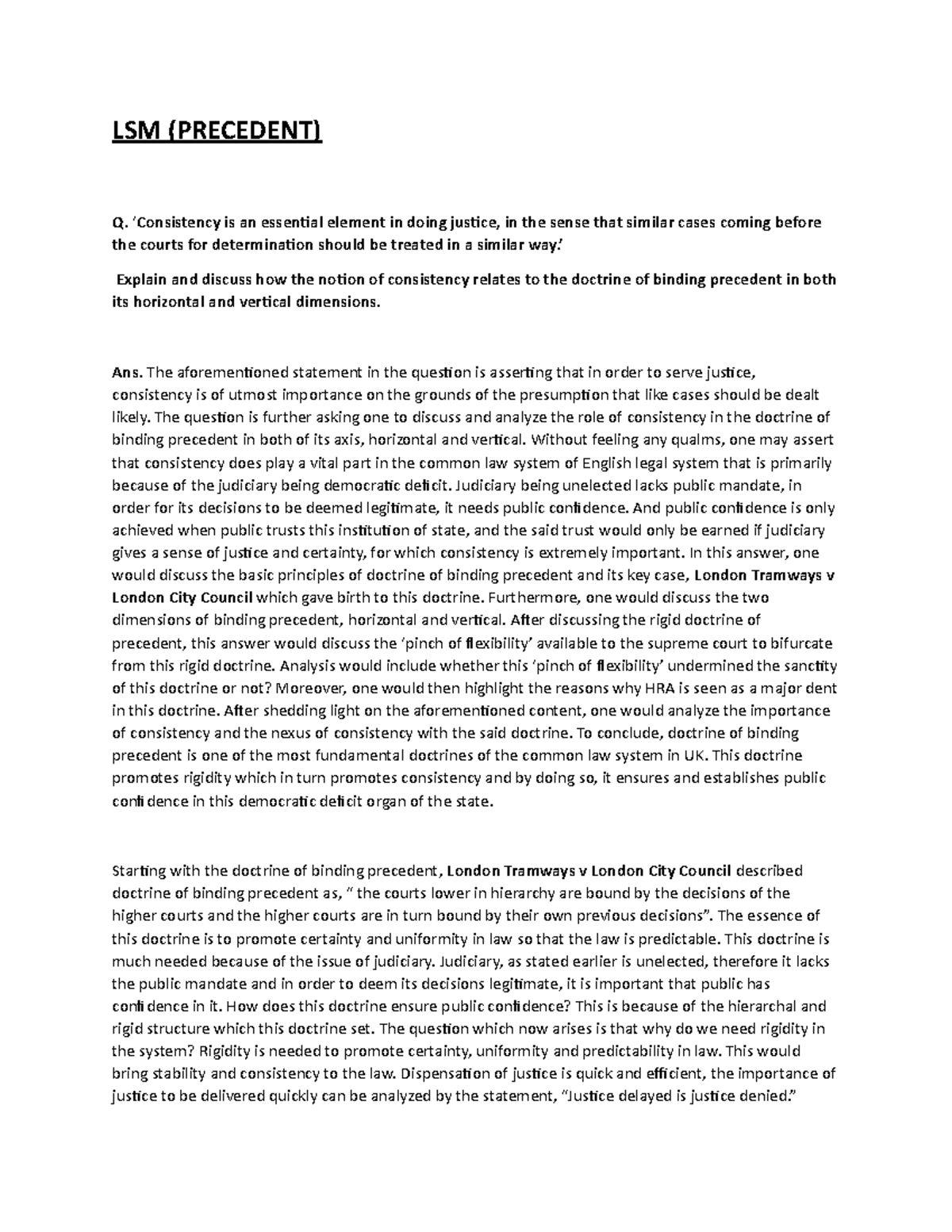 Legal System and Methods Question on Judicial Precedent - LSM ...