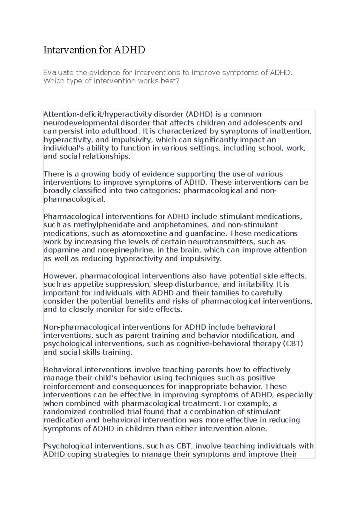 ADHD interventions - Intervention for ADHD Evaluate the evidence for ...