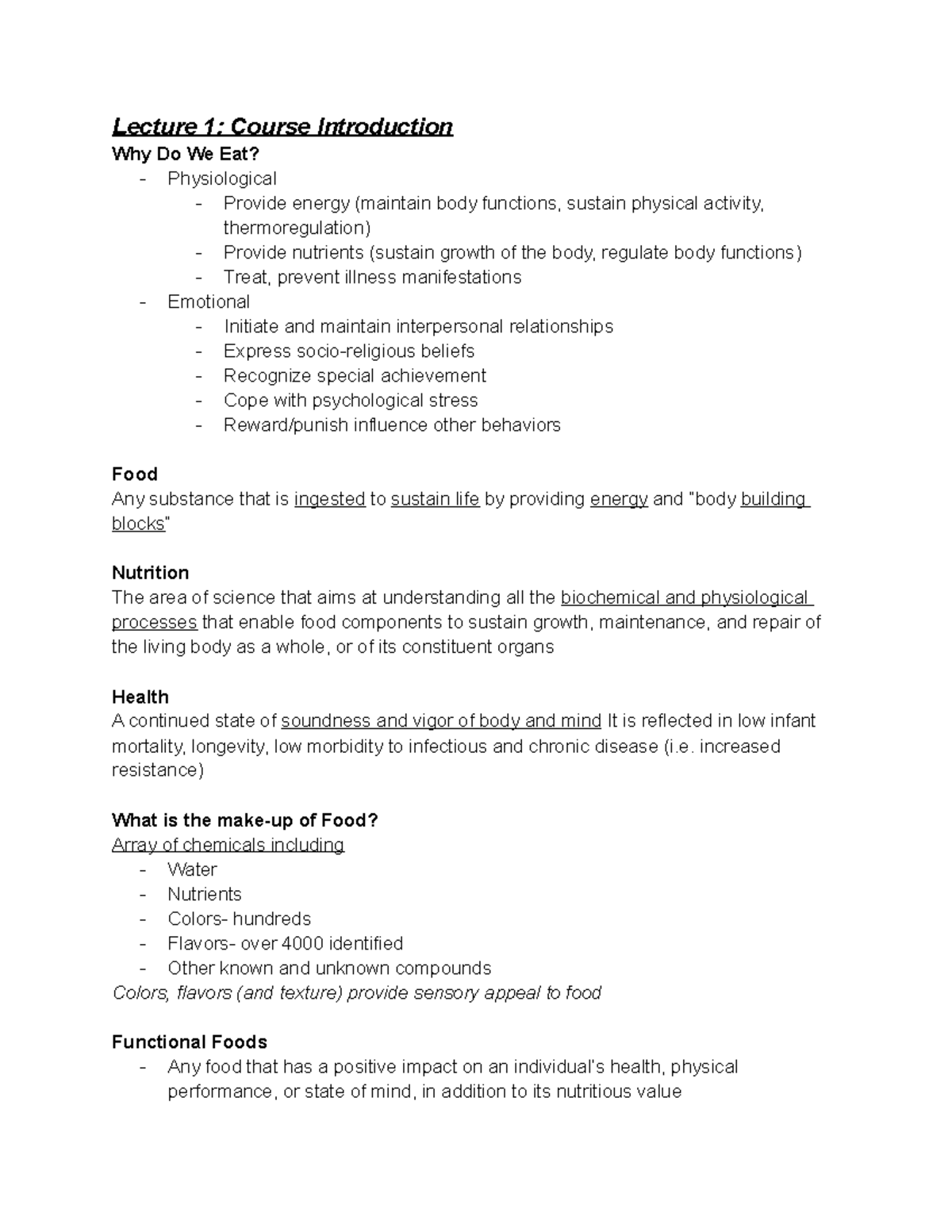 Lecture 1 Course Introduction - Lecture 1: Course Introduction Why Do We Eat? - Physiological ...