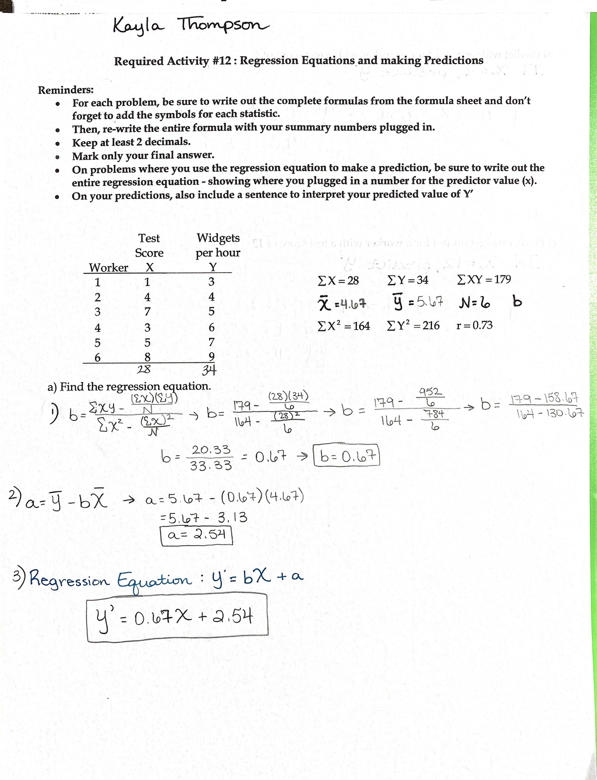 Required Activity 12 - PSYC 2317 (Rinker) - Kayla Thompson Required Activity : Regression ...