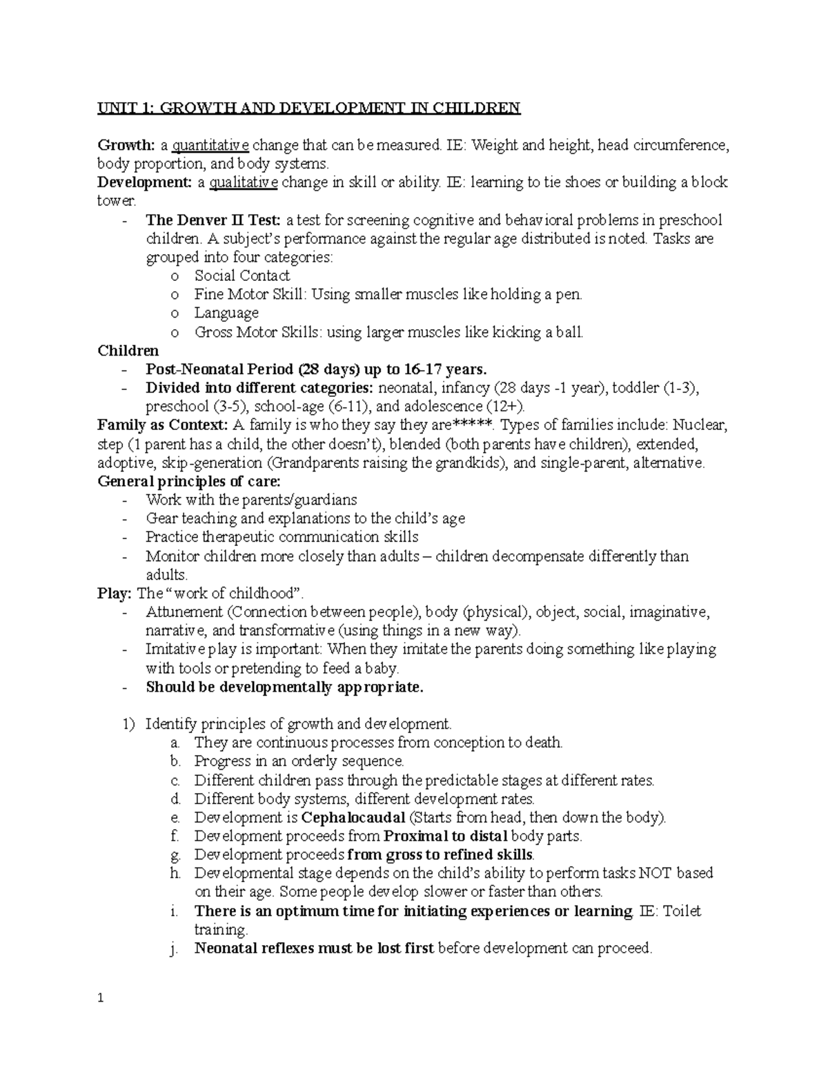 NFDN-2005-SLOs - Summary nursing fundamentals - UNIT 1: GROWTH AND ...