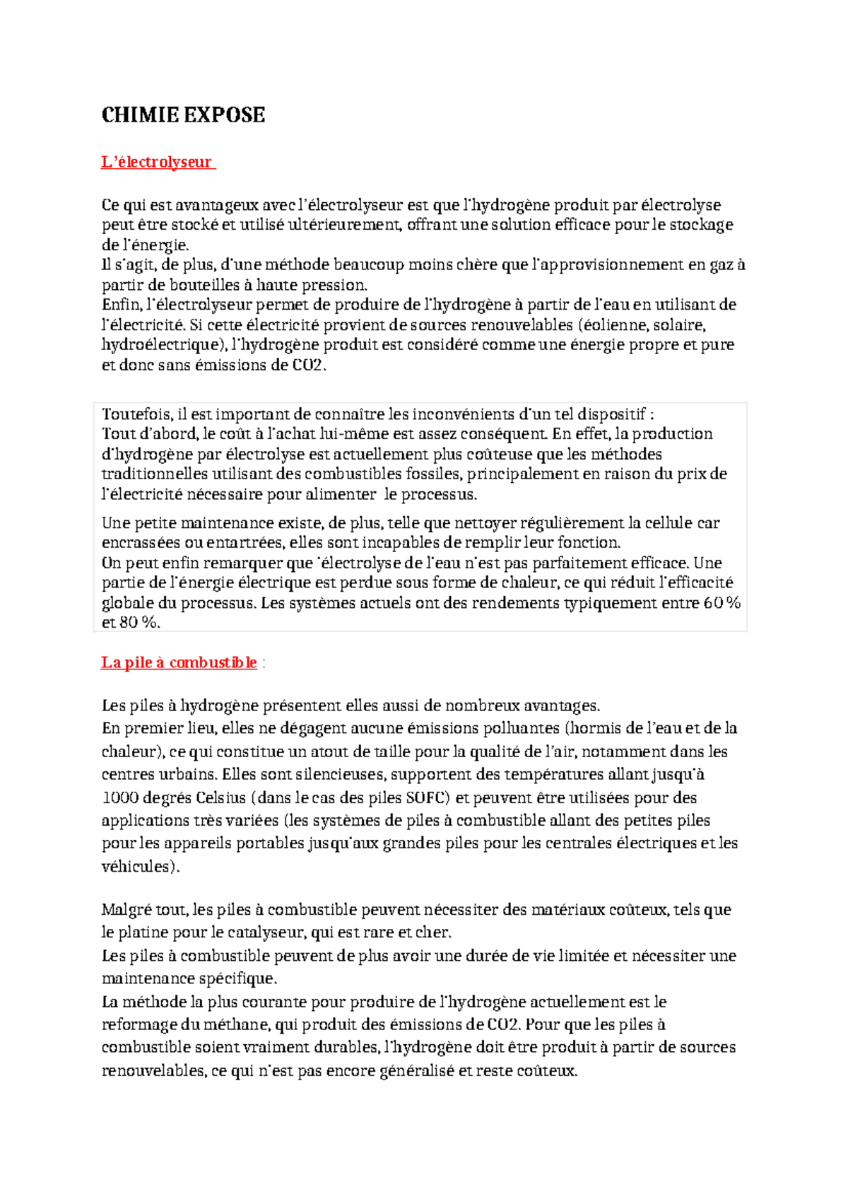 Chimie exposé - Physique - CHIMIE EXPOSE L’électrolyseur Ce qui est avantageux avec l ...