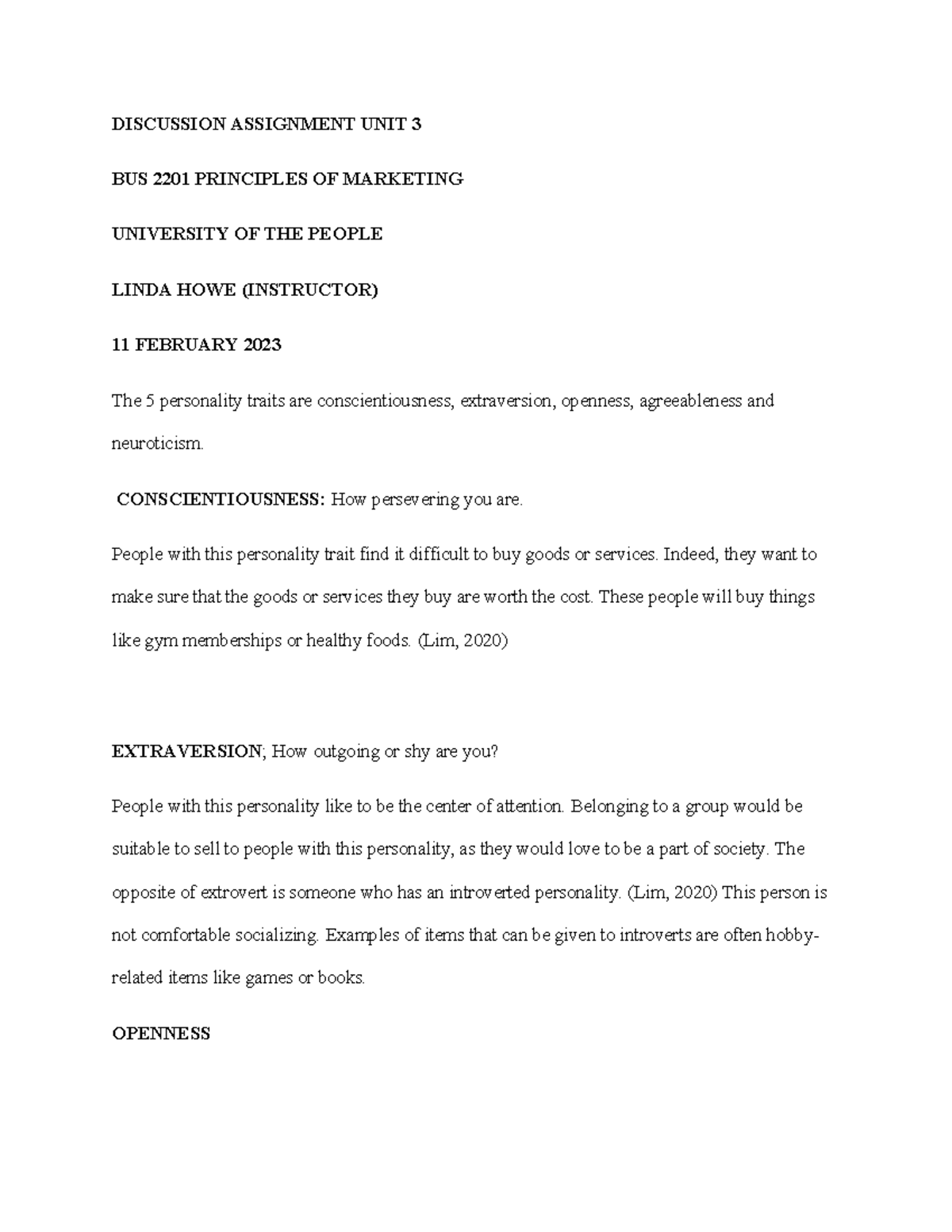 Discussion Assignment UNIT 3 - DISCUSSION ASSIGNMENT UNIT 3 BUS 2201 PRINCIPLES OF MARKETING ...