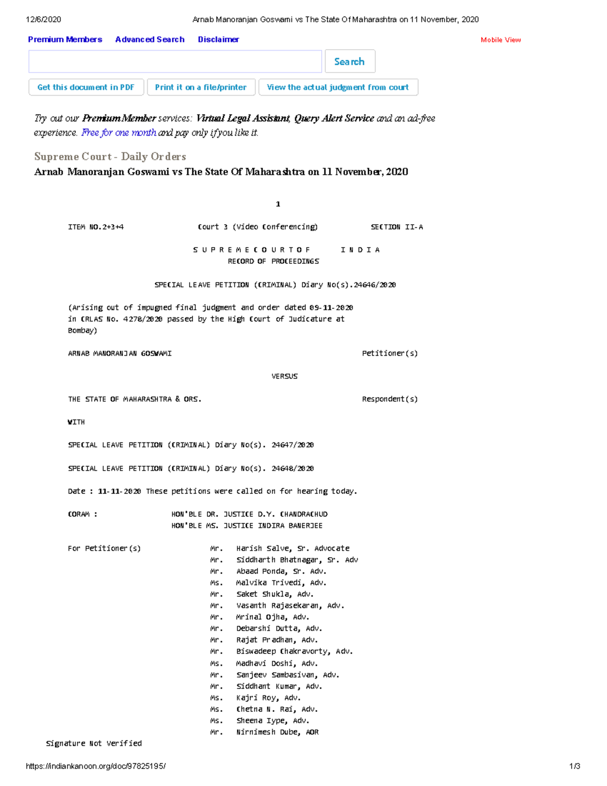 Arnab Manoranjan Goswami vs The State Of Maharashtra on 11 November, 2020 - Free for one month ...