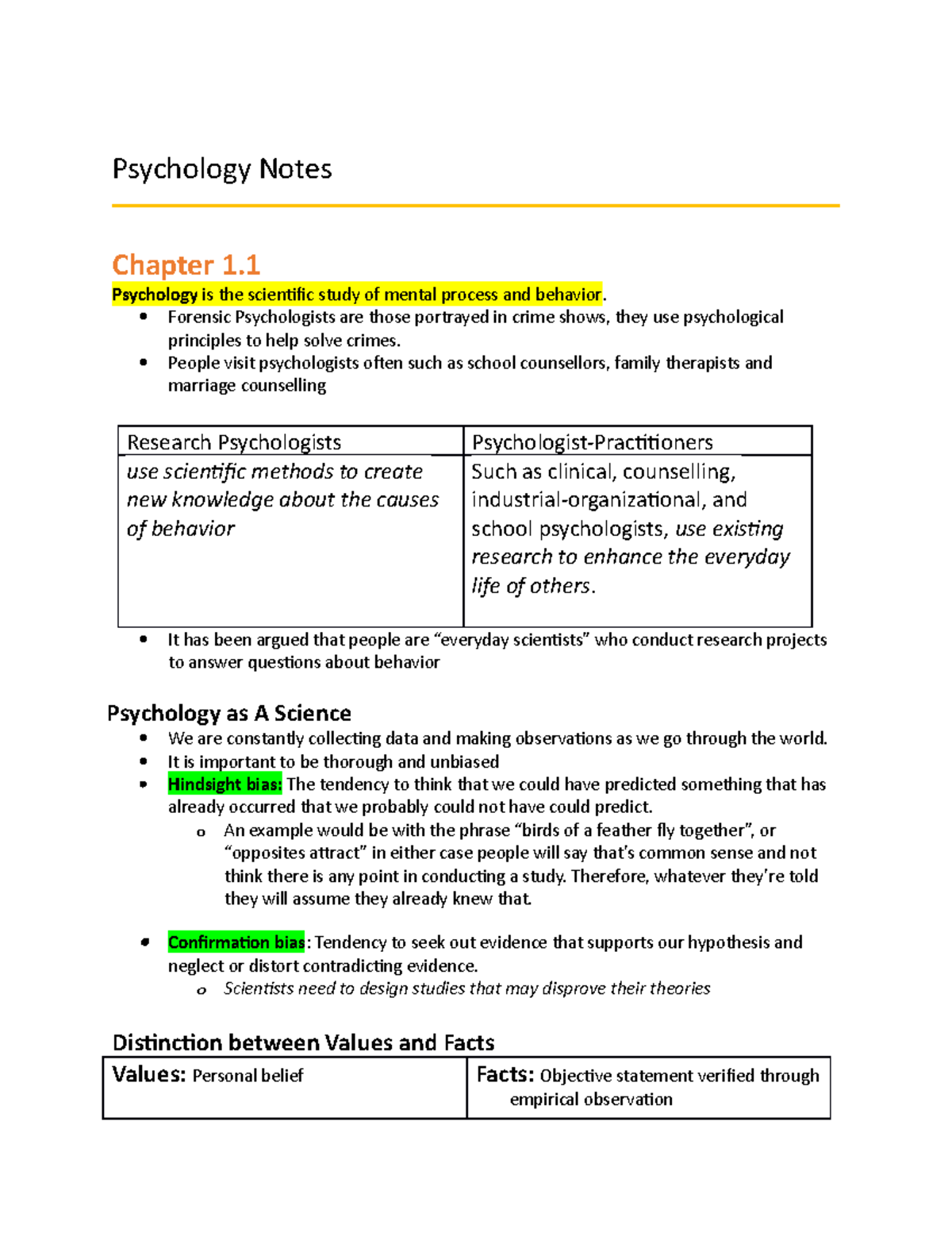Unit 1 psychology 105 - Psychology Notes Chapter 1. Psychology is the ...