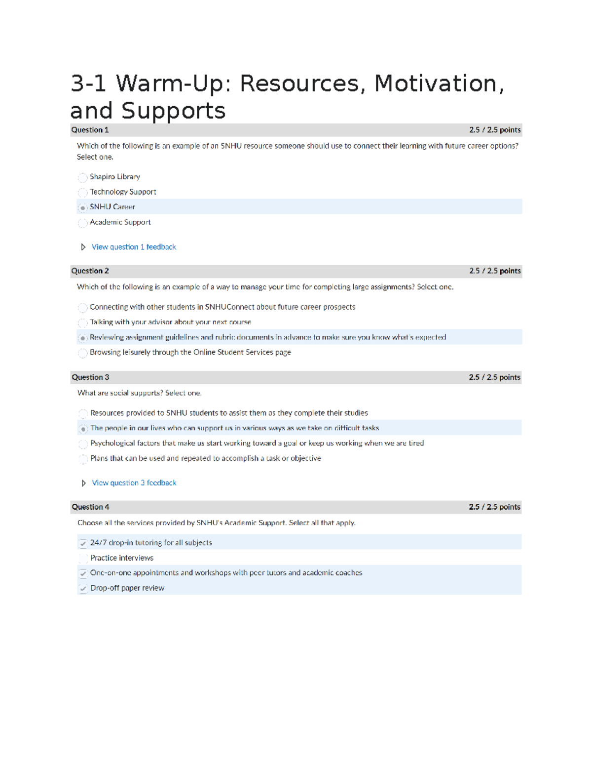3-1 Warmup - Resources, Motivation, and Supports Question 1 2 2 points ...