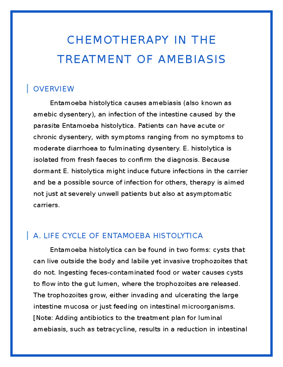 Brief NOTE ON Chemotherapy FOR Amebiasis - CHEMOTHERAPY IN THE ...
