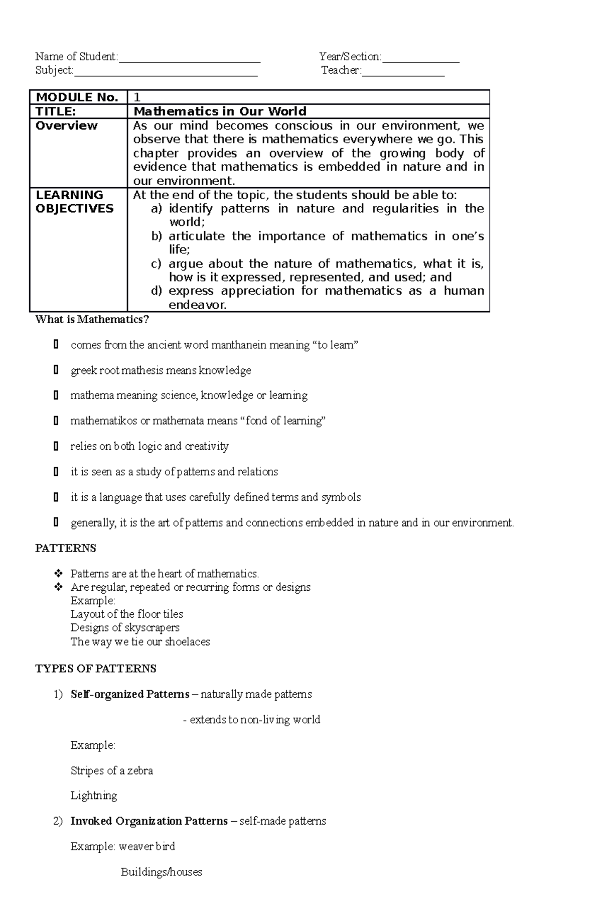MMW Prelim Module 1 - notes - Name of Student ...