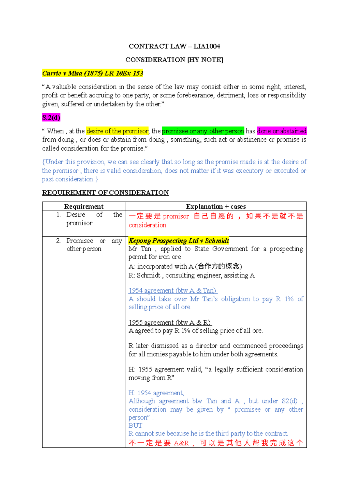 Consideration contract1 - CONTRACT LAW – LIA CONSIDERATION [HY NOTE] Currie v Misa (1875) LR ...