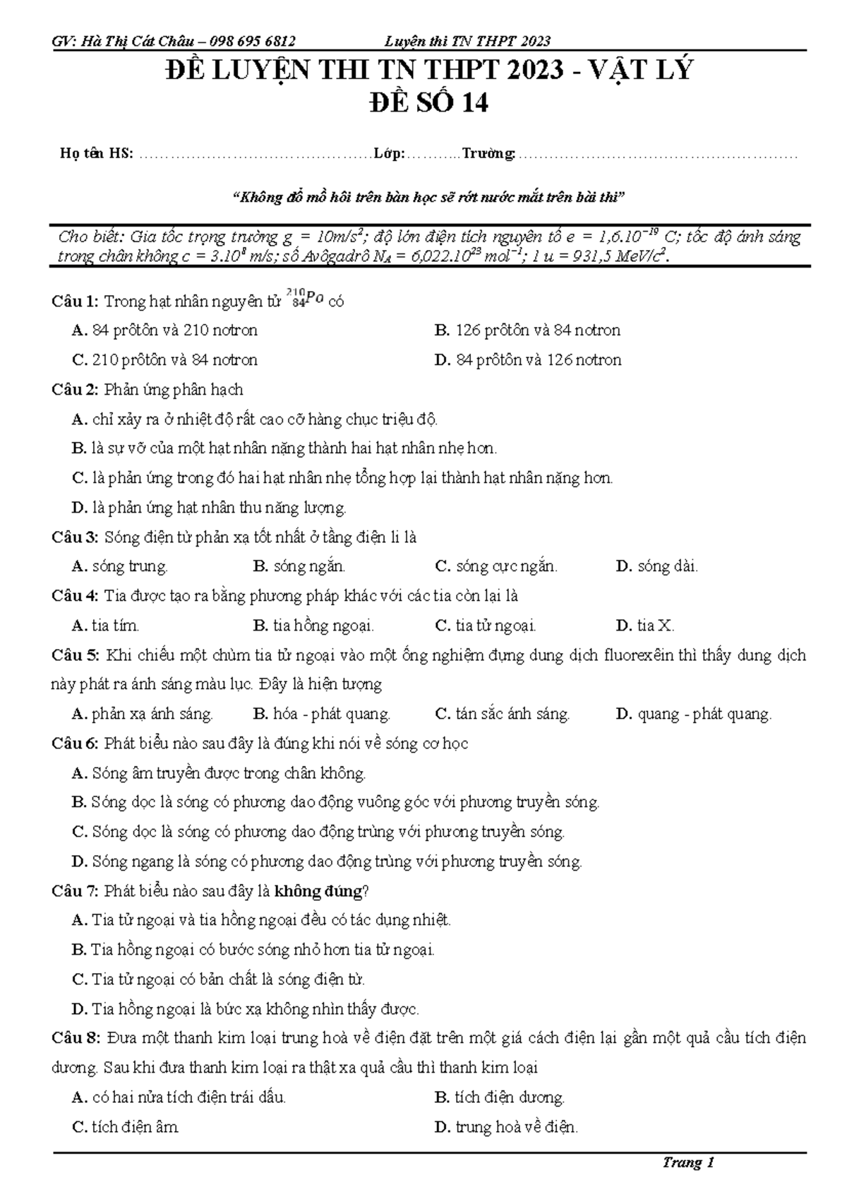 Đề 14 - hs - Hdhdh - ĐỀ LUYỆN THI TN THPT 2023 - VẬT LÝ ĐỀ S퐃Ā 14 Họ ...
