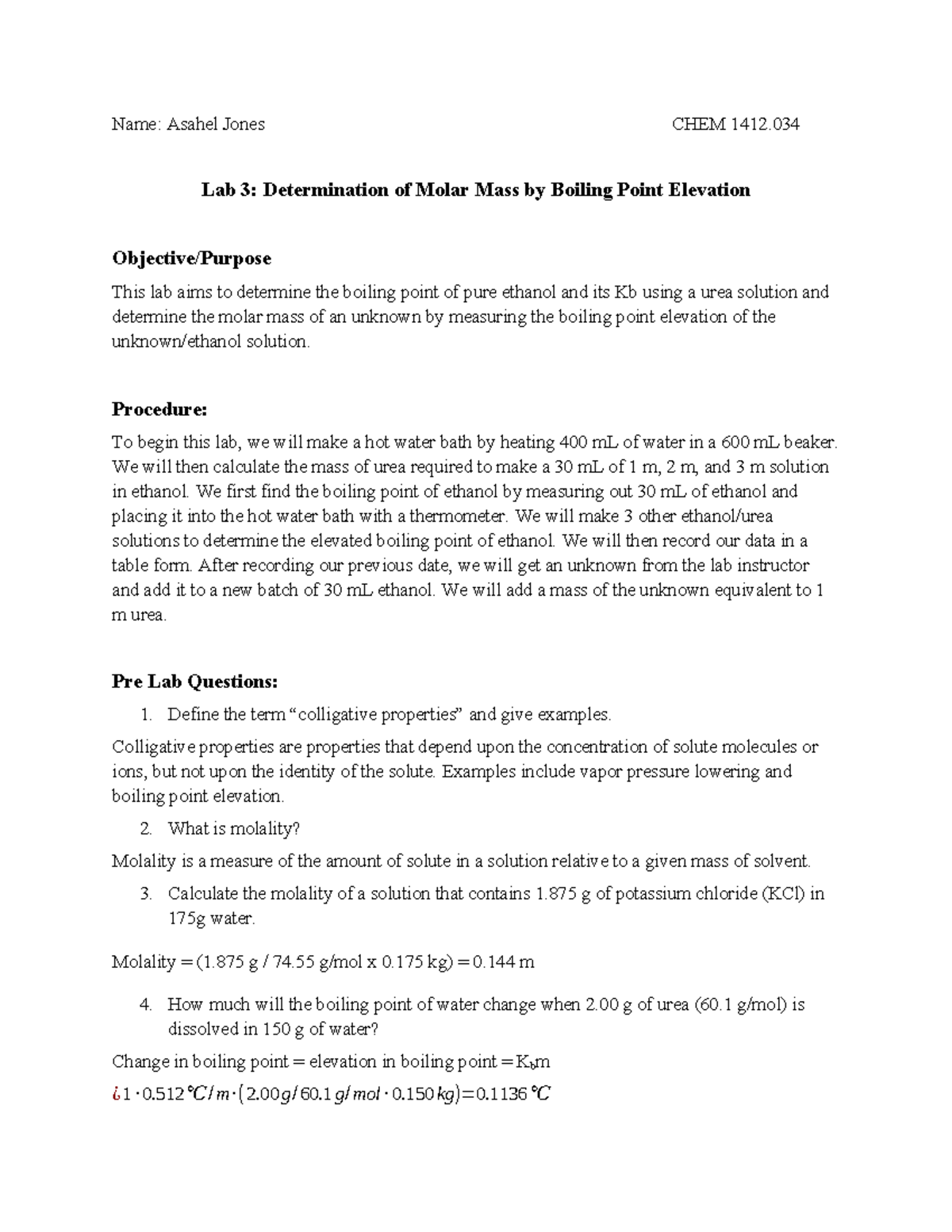Lab 3 Determination of Molar Mass by Boiling Point Elevation - Name ...