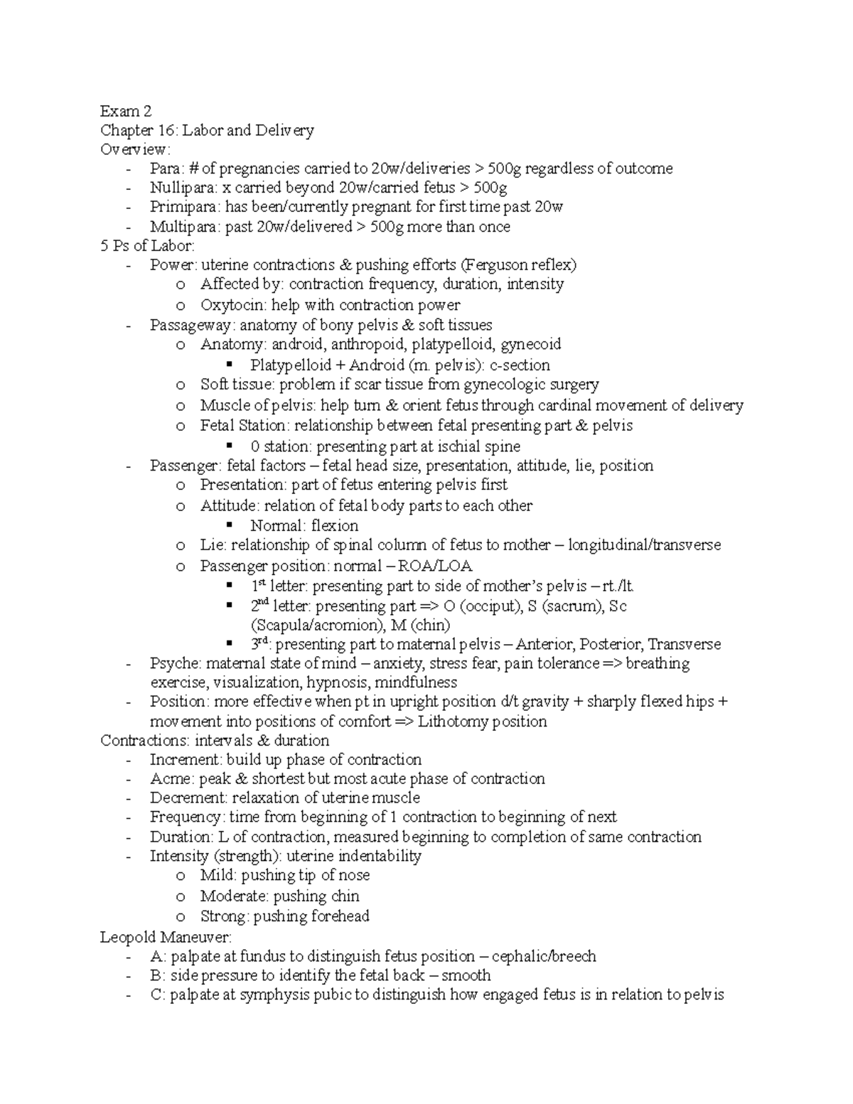 Labor and Delivery Overview: Exam 2 Chapter 16 - Studocu