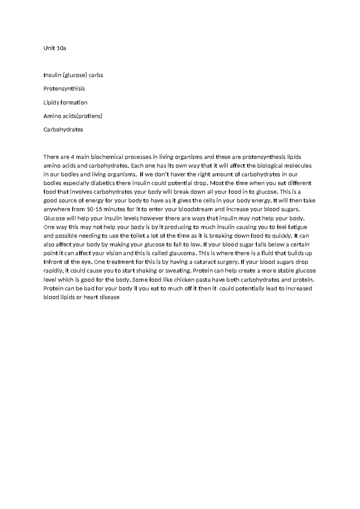Unit 10a - breathing - Unit 10a Insulin (glucose) carbs Protensynthisis ...
