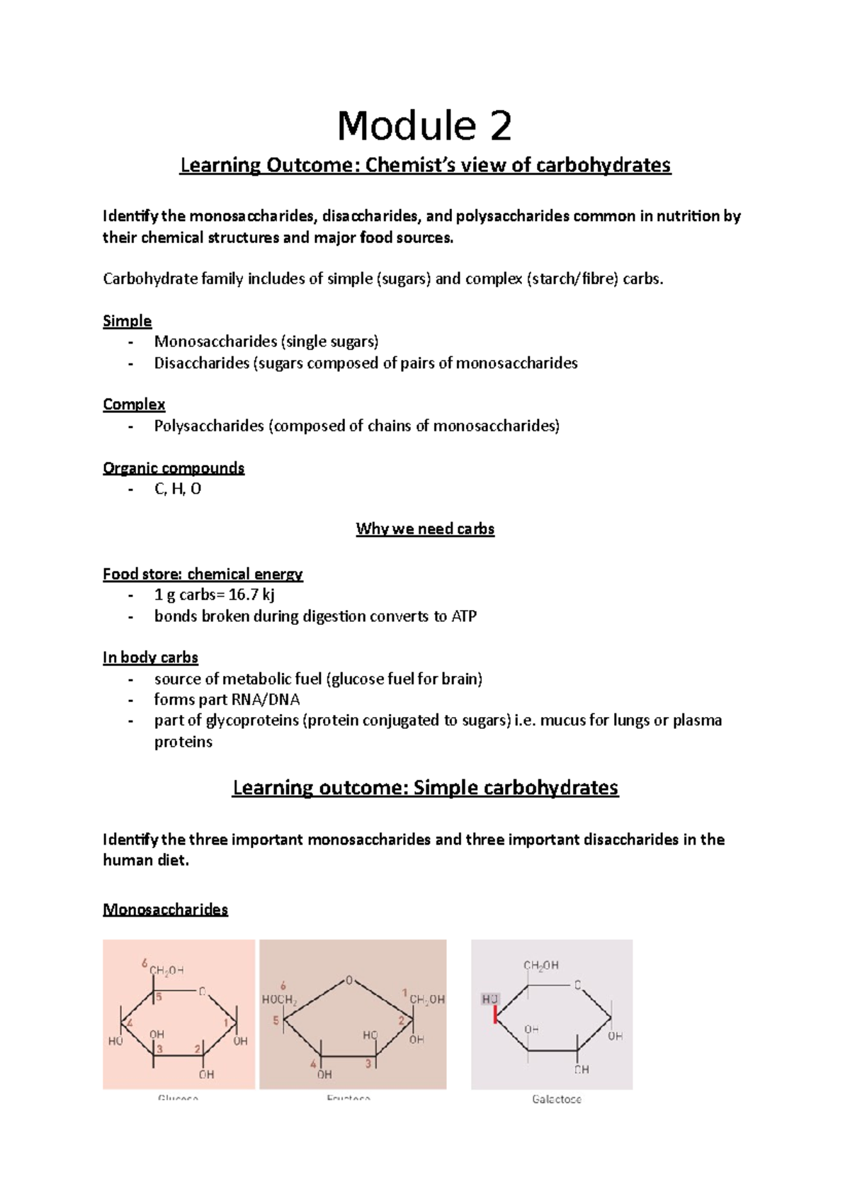 Module 2 intro nutrition notes - Module 2 Learning Outcome: Chemist’s ...