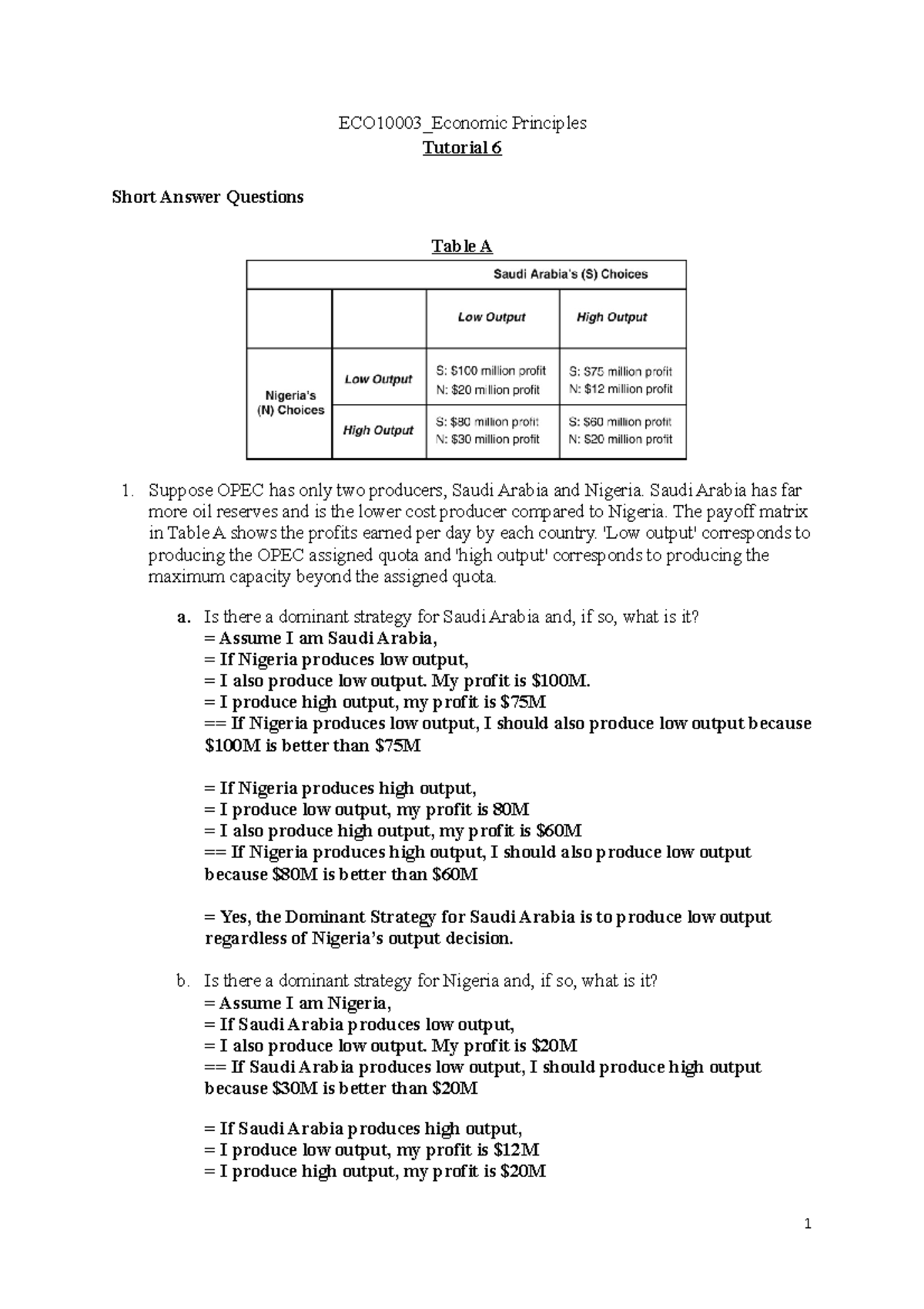 Tutorial 6 swinb - ECO10003_Economic Principles Tutorial 6 Short Answer ...