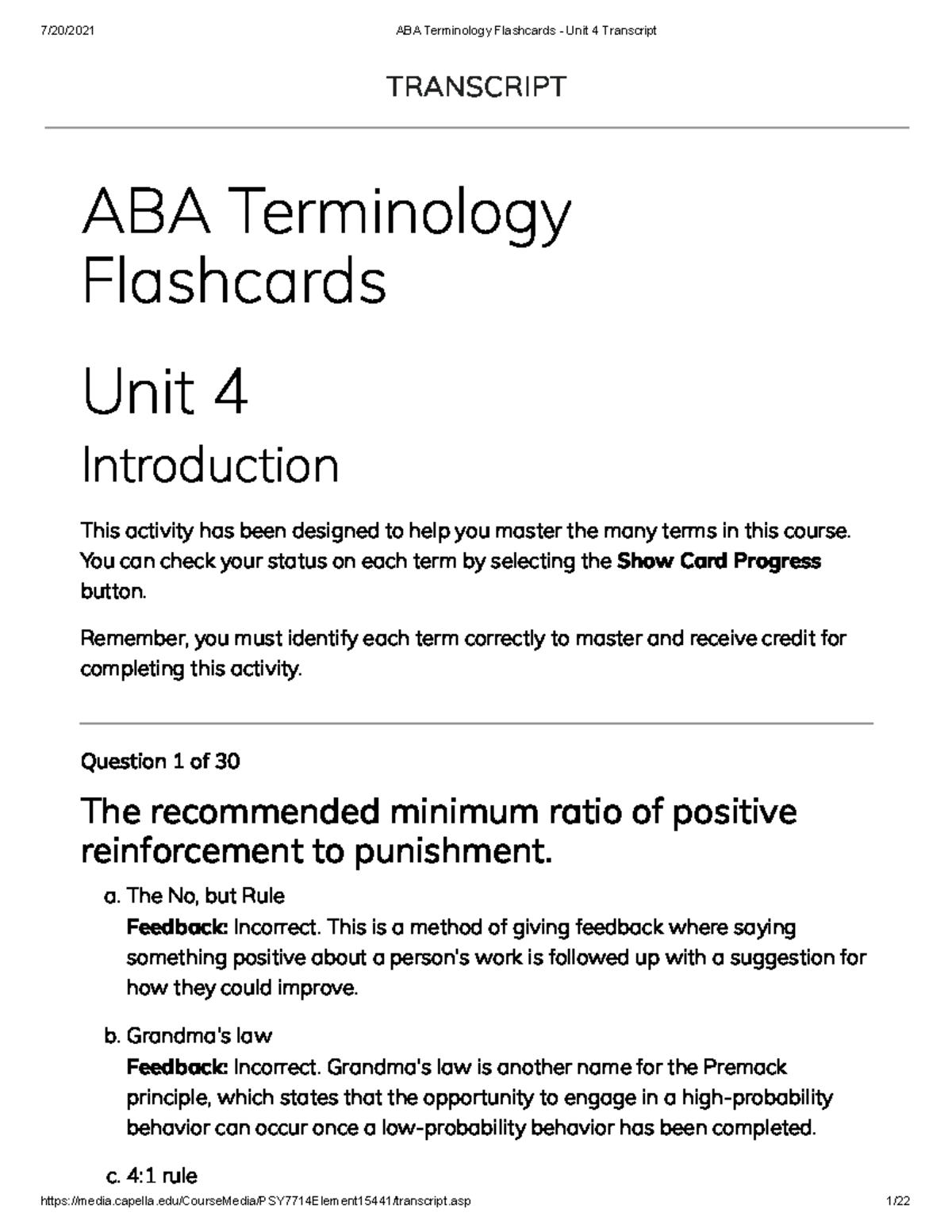 7714 week 4 - Week 4 flashcards. - TRANSCRIPT ABA Terminology Flashcards Unit 4 Introduction ...