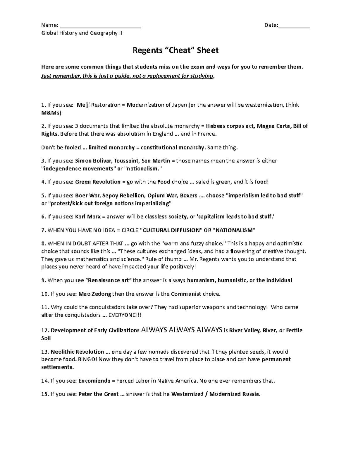 Regents cheat sheet-SC - Name: __________________________ Date ...