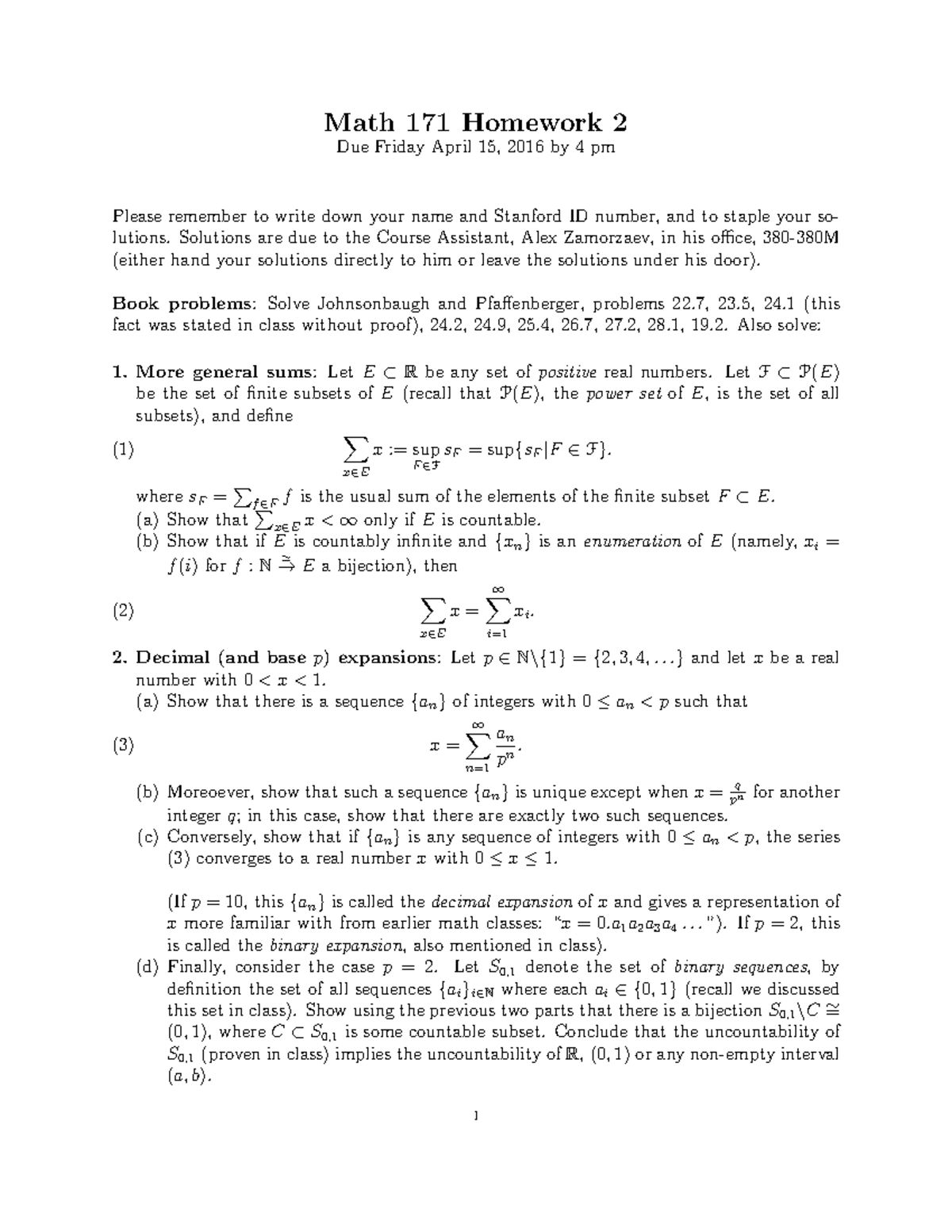 Seminar assignments - homework 2, questions and answers - Math 171 ...