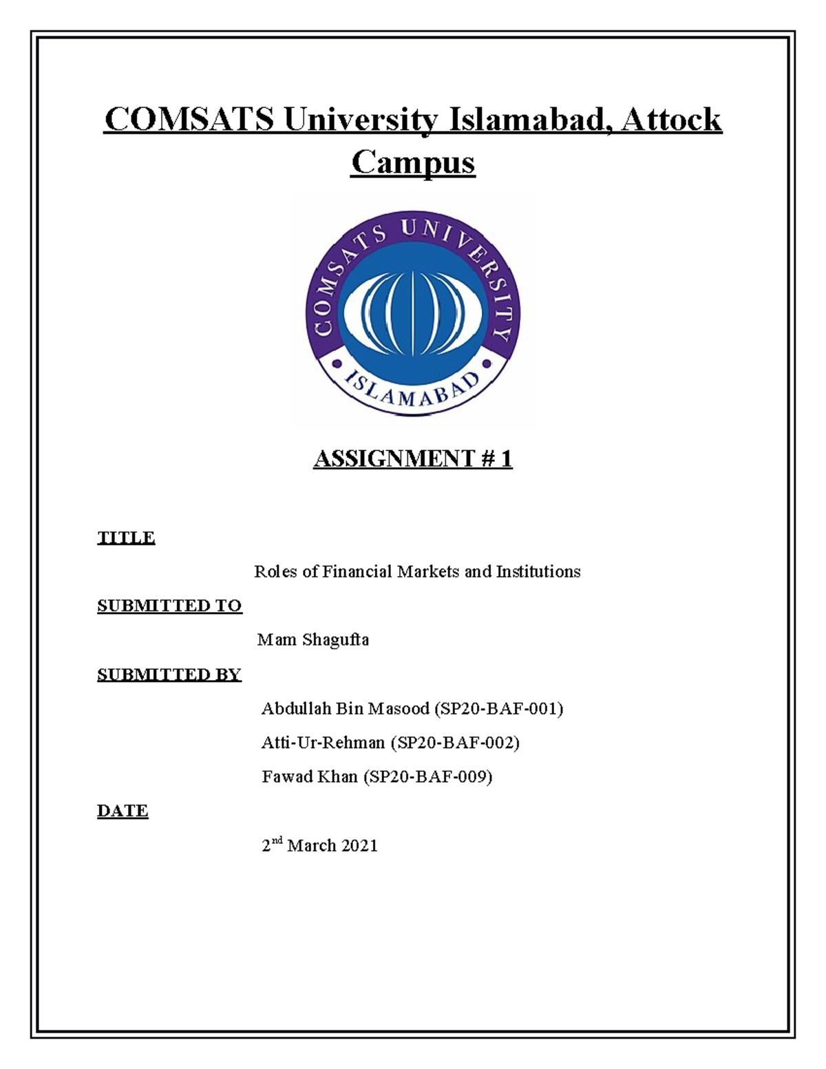 FIM's Assigment 1 - COMSATS University Islamabad, Attock Campus ...