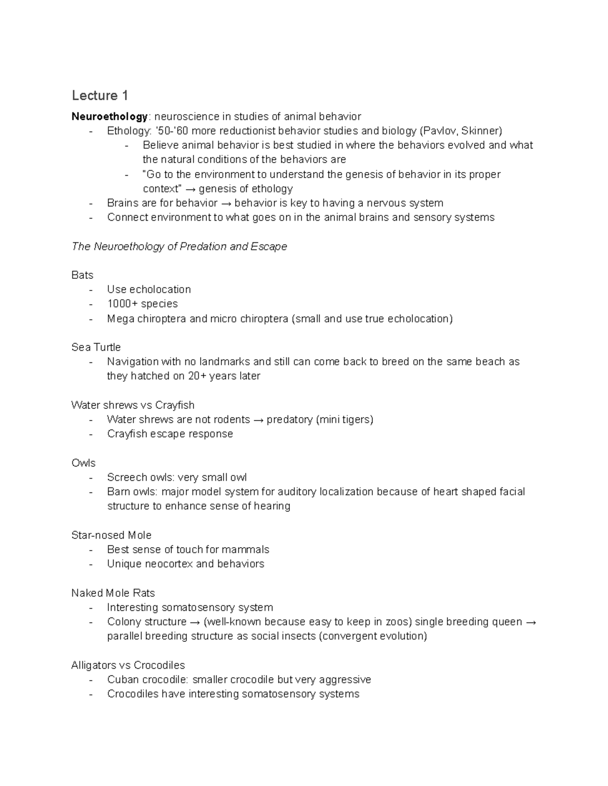 Neuro Bio Quiz 1 notes - Quiz 1 - Lecture 1 Neuroethology: neuroscience ...
