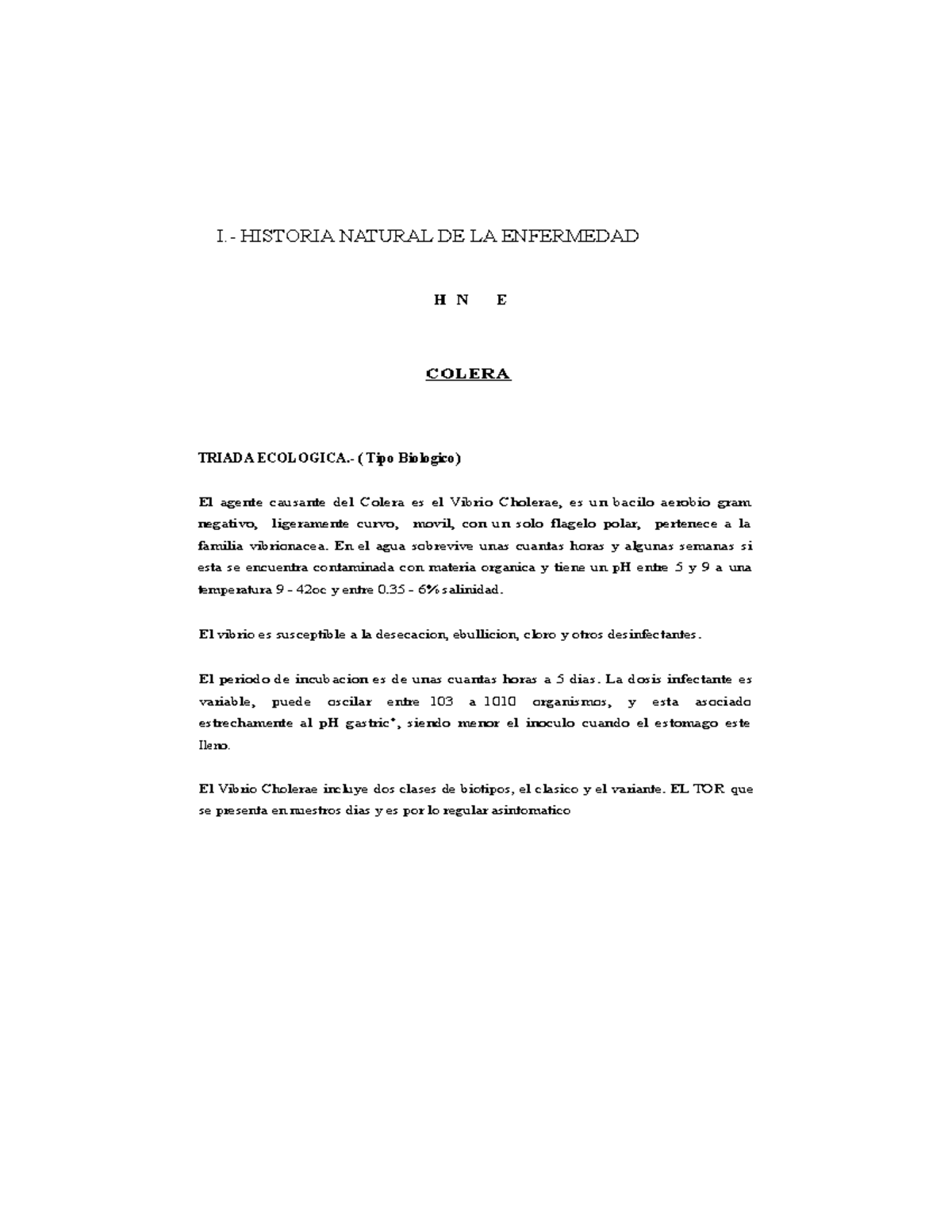 Capitulo 1 - SIOASASJASD - I.- HISTORIA NATURAL DE LA ENFERMEDAD H N E COLERA TRIADA ECOLOGICA ...