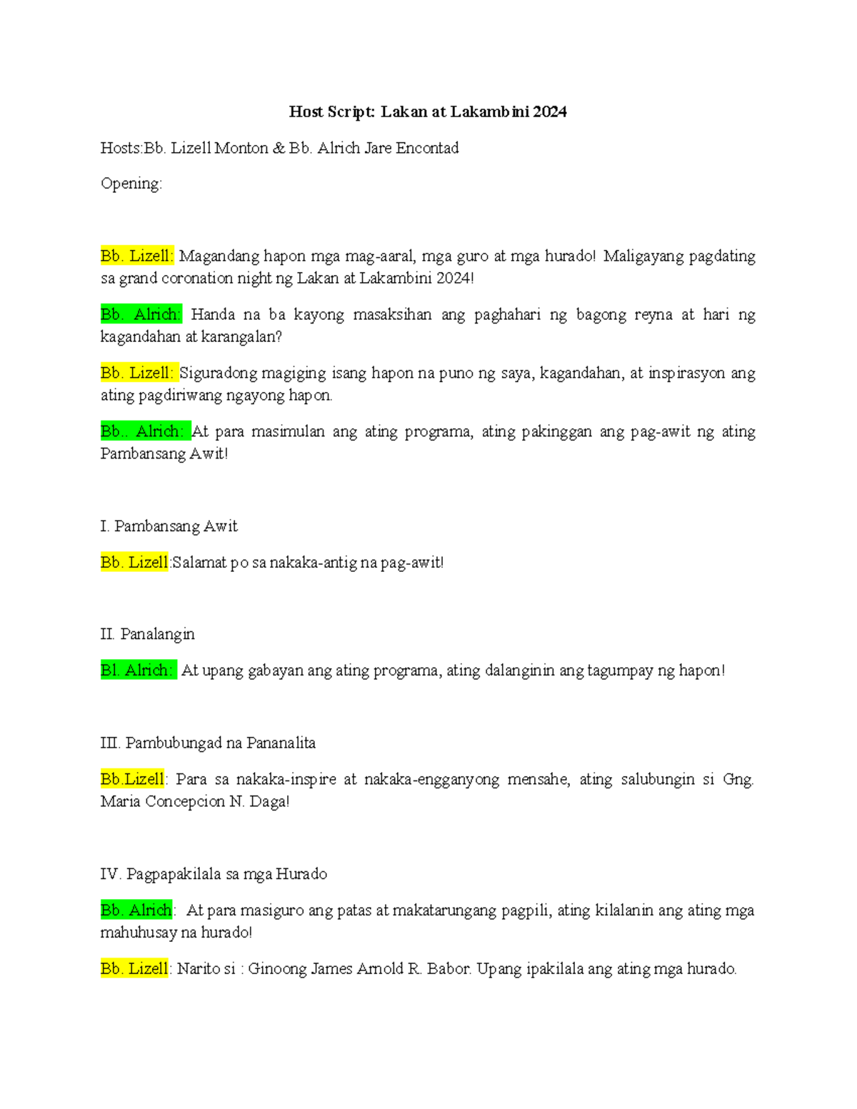 Script for host - Host Script: Lakan at Lakambini 2024 Hosts:Bb. Lizell ...