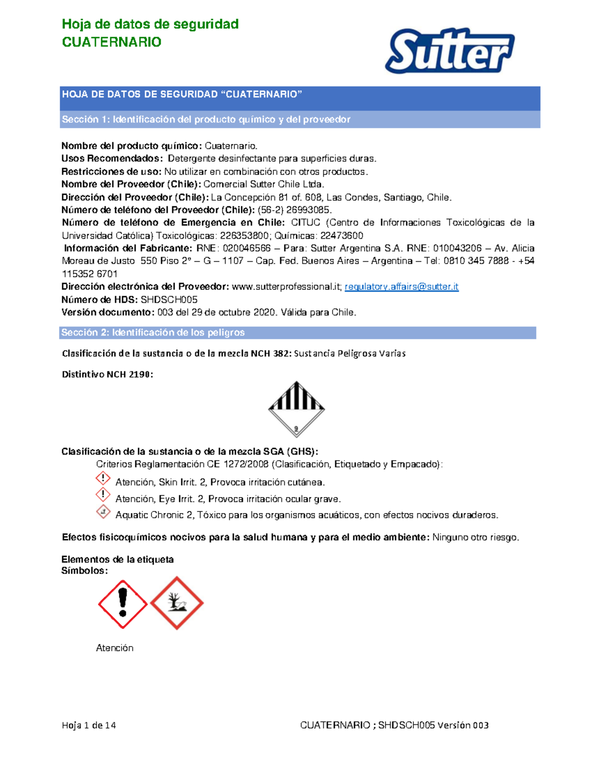 CL 525177 HDS Limpiador- Amonio- Cuaternario-5LT - CUATERNARIO HOJA DE ...